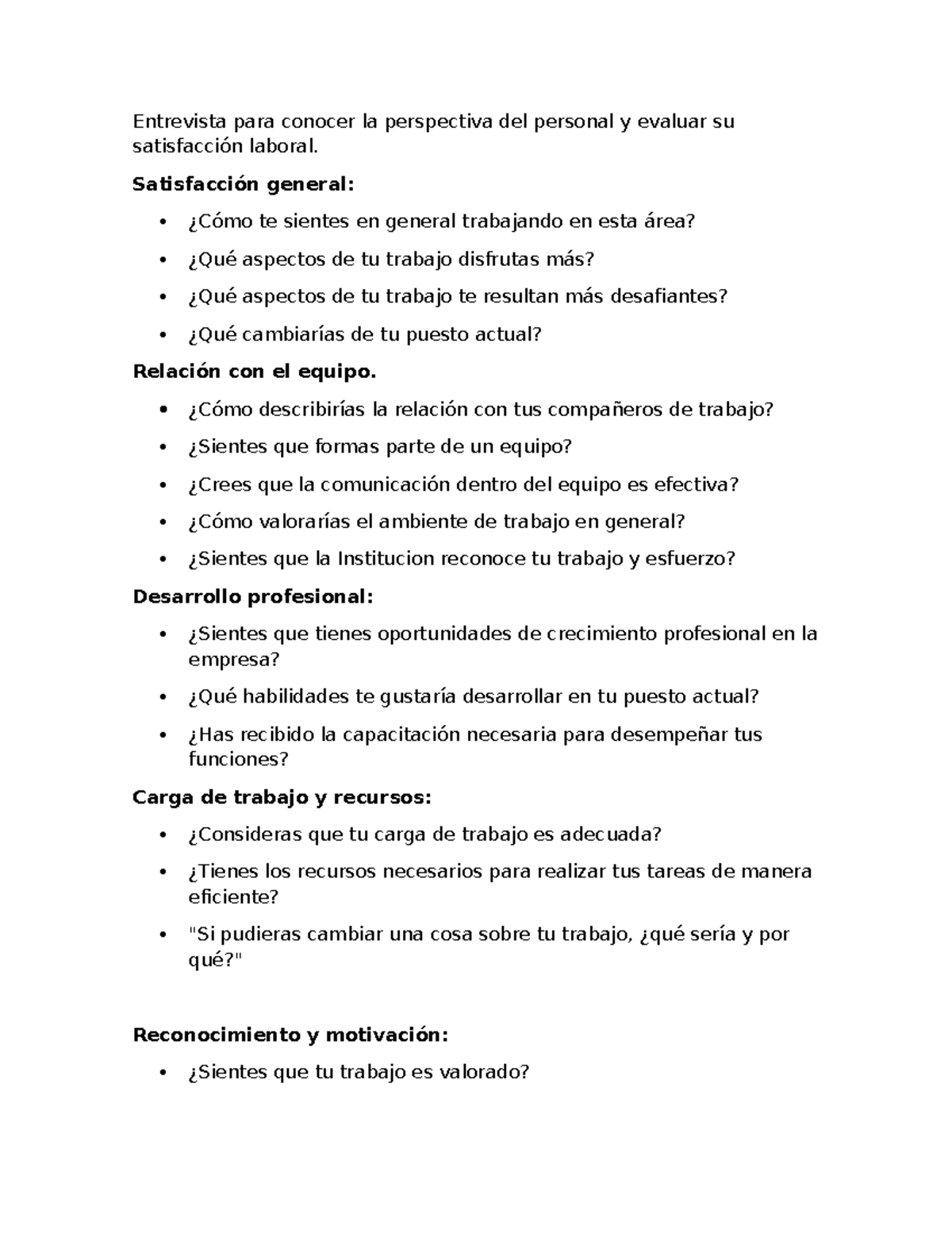 Entrevista para conocer la perspectiva del personal y evaluar su ...