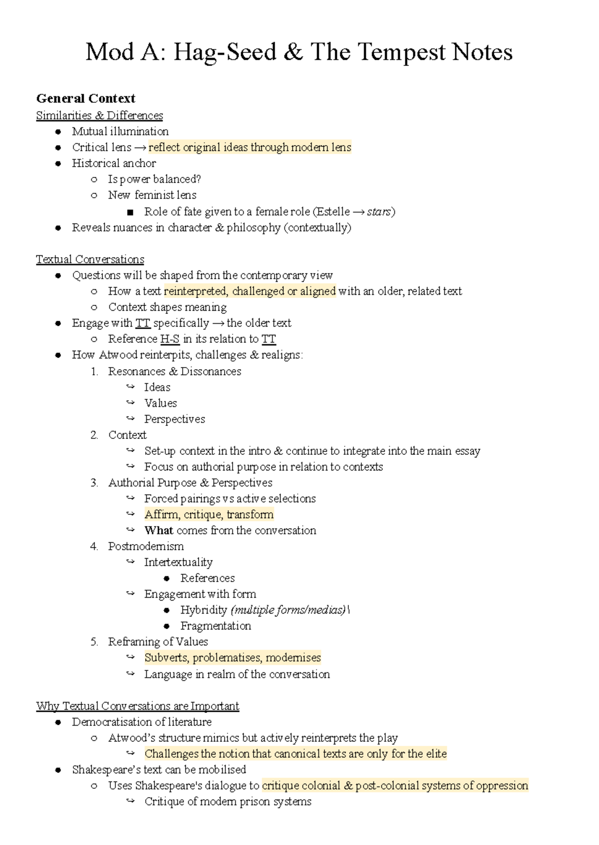 Mod A: Hag-Seed & The Tempest Comparative Analysis Notes - Studocu
