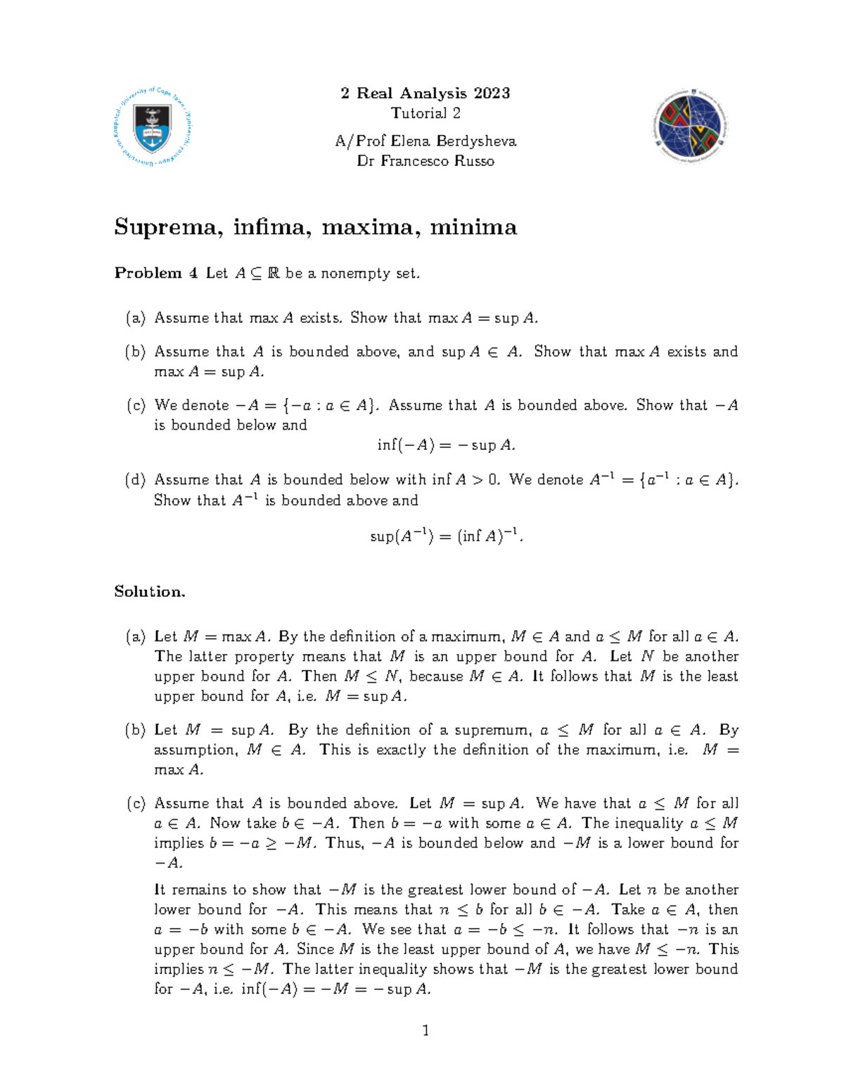 Real analysis tut2 solution - 2 Real Analysis 2023 Tutorial 2 A/Prof ...