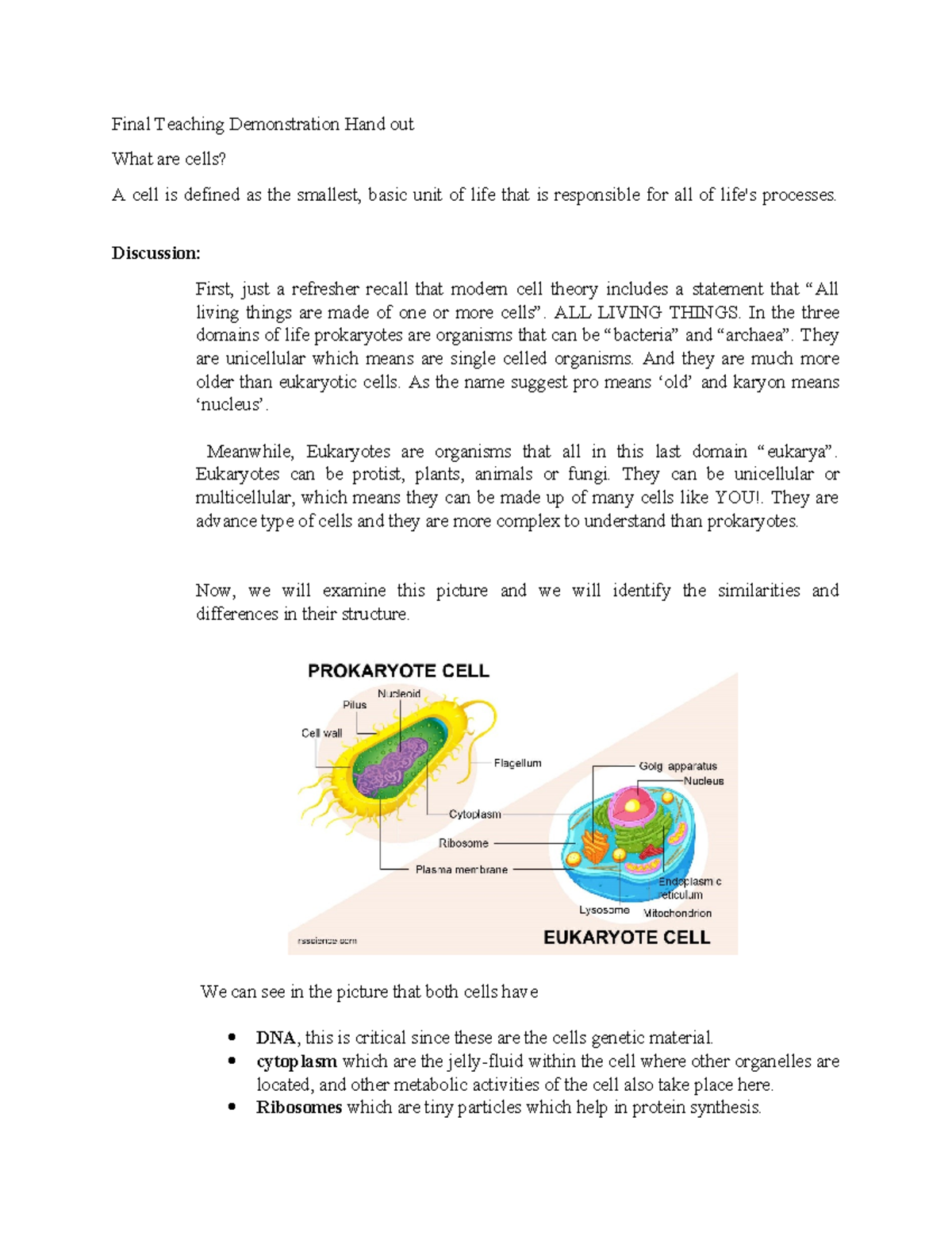 Final Teaching Demonstration Handout on Cell Biology Concepts - Studocu