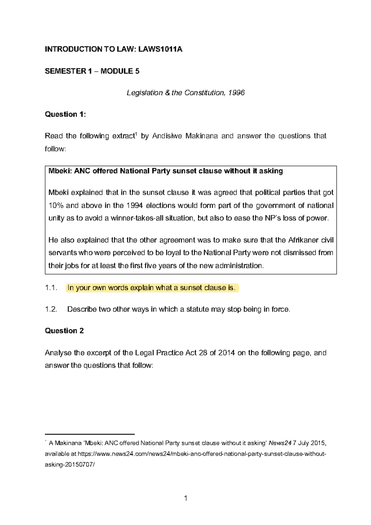 LAWS1011 2024 TUT - 1 INTRODUCTION TO LAW: LAWS1011A SEMESTER 1 ...