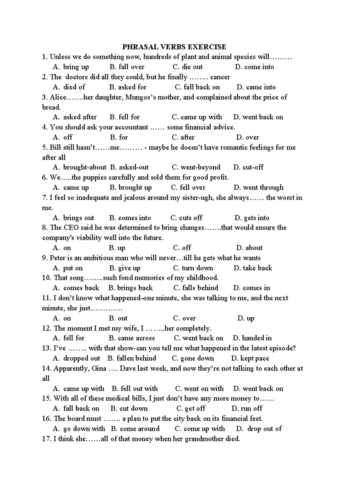 PHR 101: Phrasal Verbs Exercise 1 - Practice Questions - Studocu