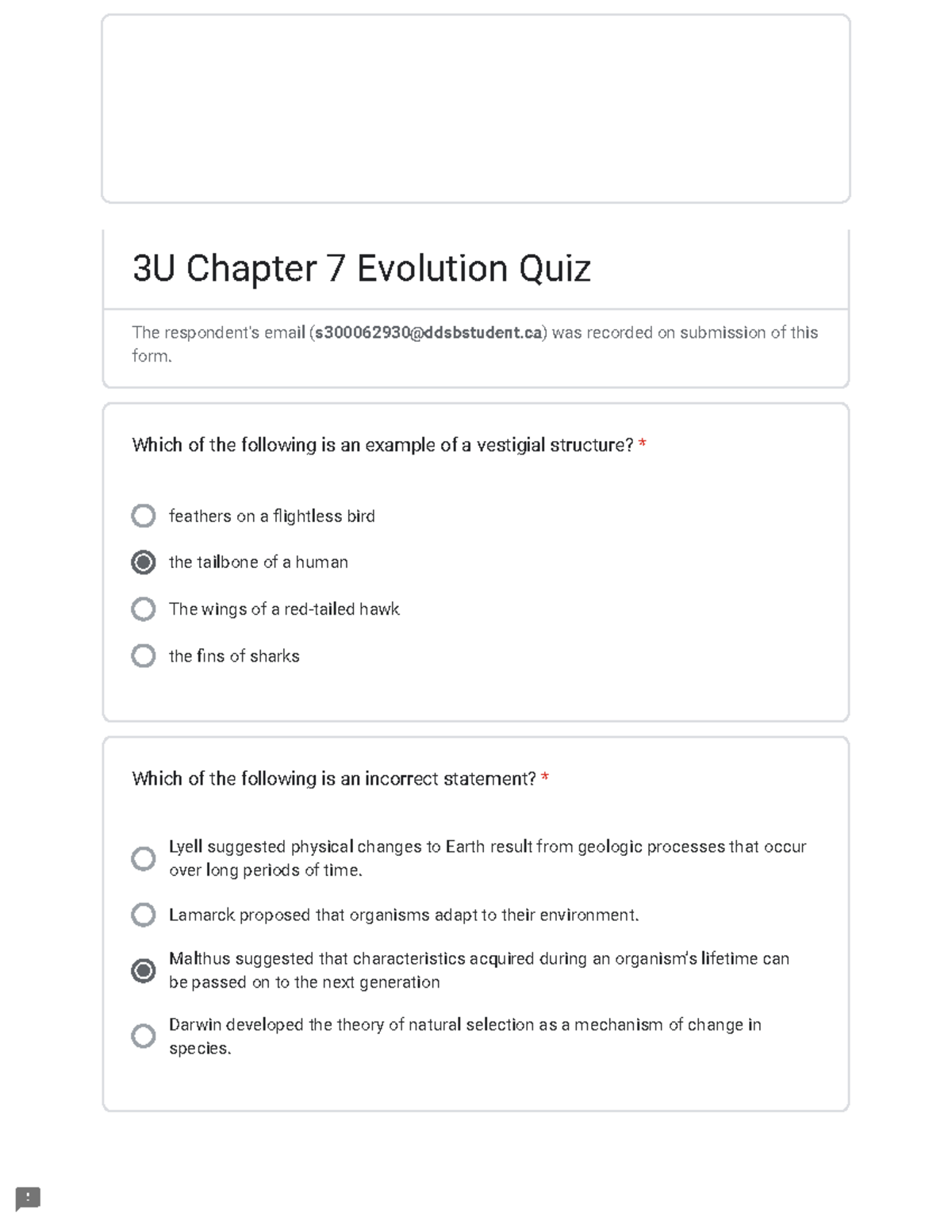 3U Chapter 7 Evolution Quiz - feathers on a ightless bird the tailbone of a human The wings of a ...