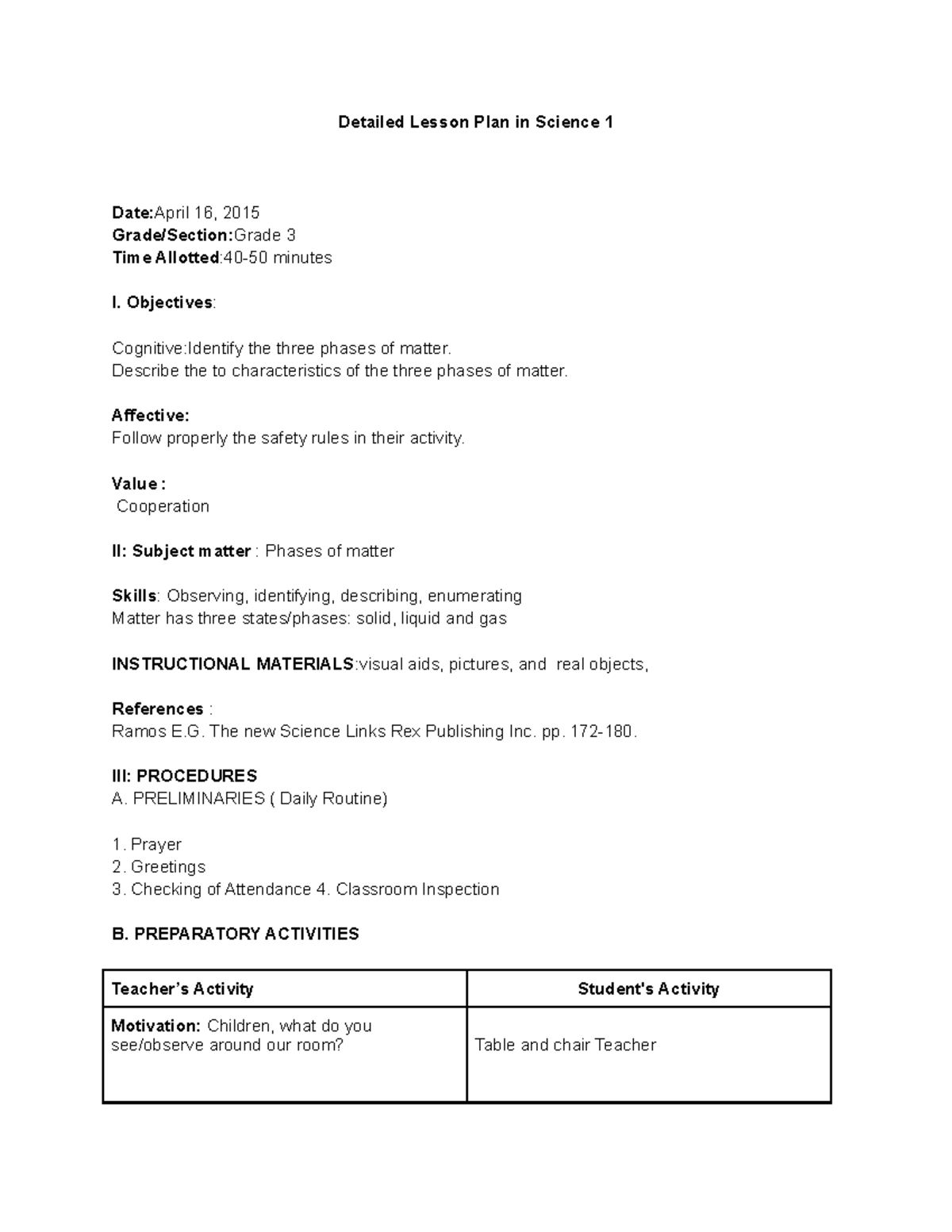 DLP Science 1 - Lesson Plan on Phases of Matter for Grade 3 - Studocu