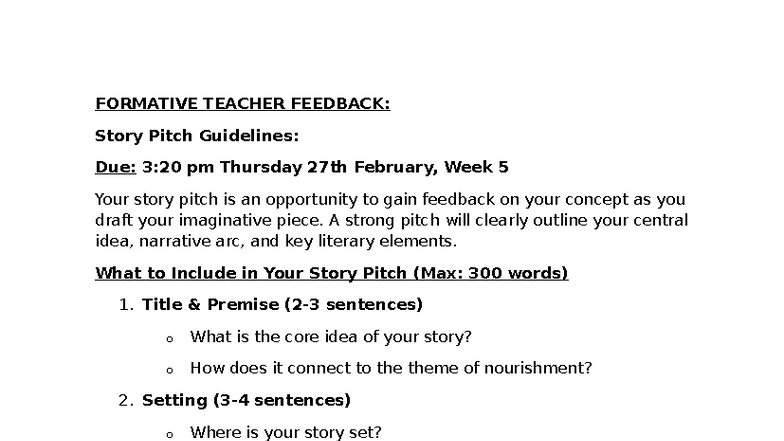FORMATIVE FEEDBACK: Story Pitch Guidelines for Week 5 Submission - Studocu