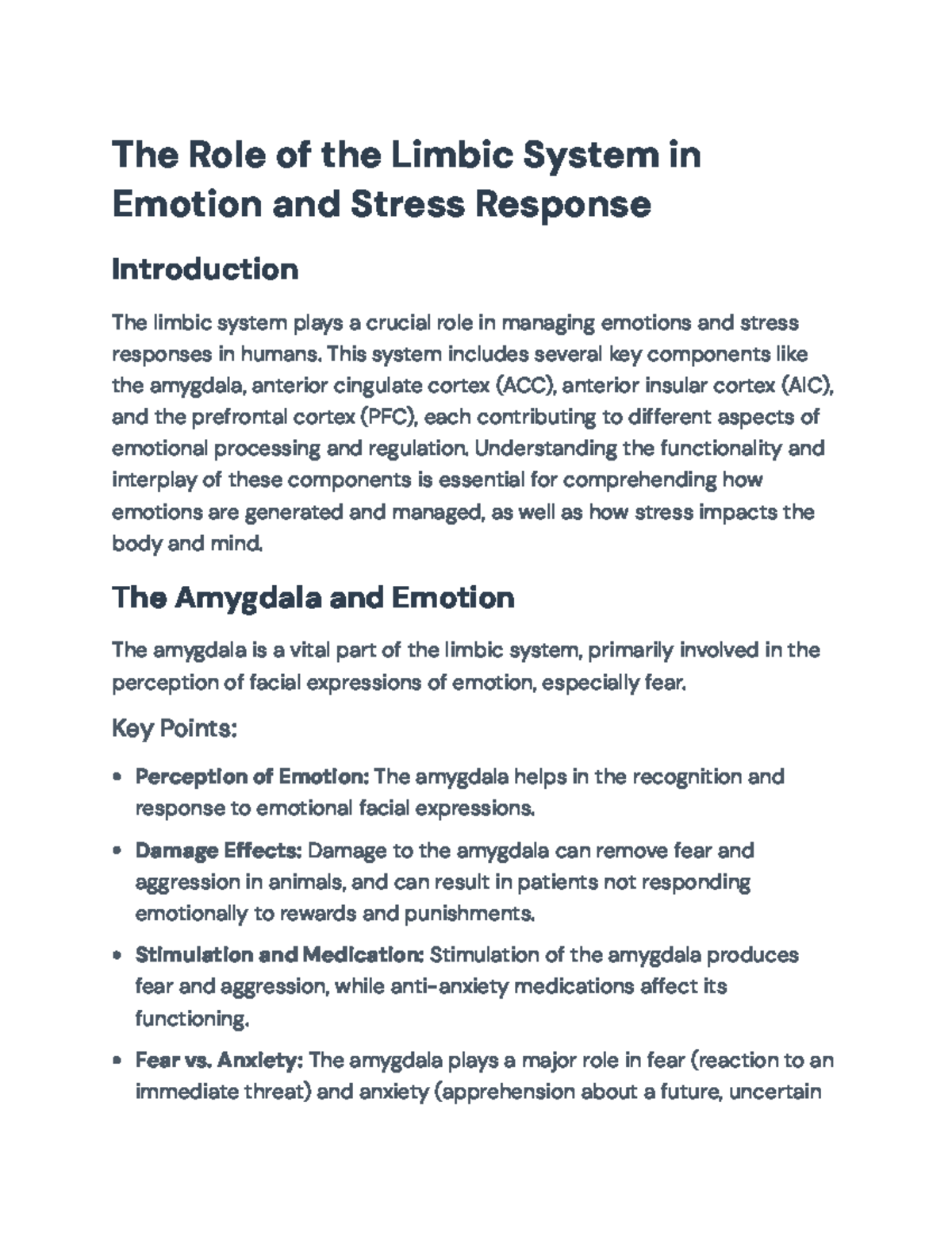 The Limbic System's Role in Emotion & Stress Responses: Insights - Studocu