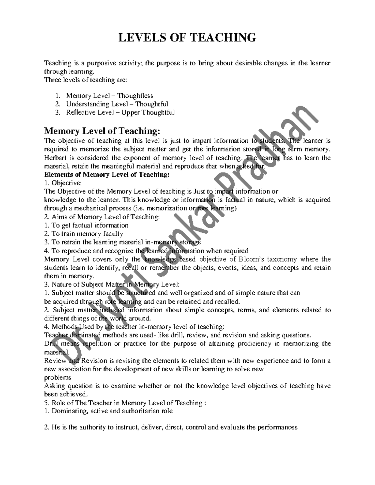 Levels of Teaching: Memory, Understanding, and Reflective Approaches ...