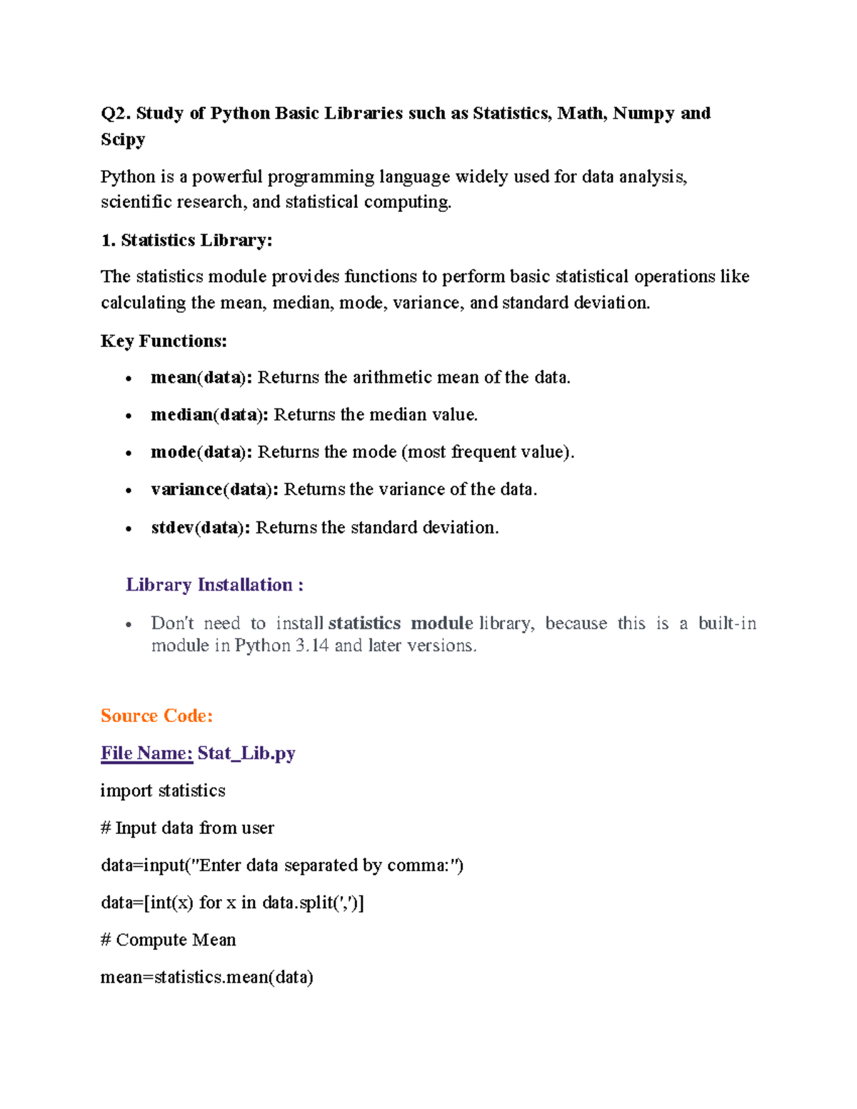 Q2 (ML) - Overview of Python Basic Libraries: Stats, Math, Numpy, Scipy ...