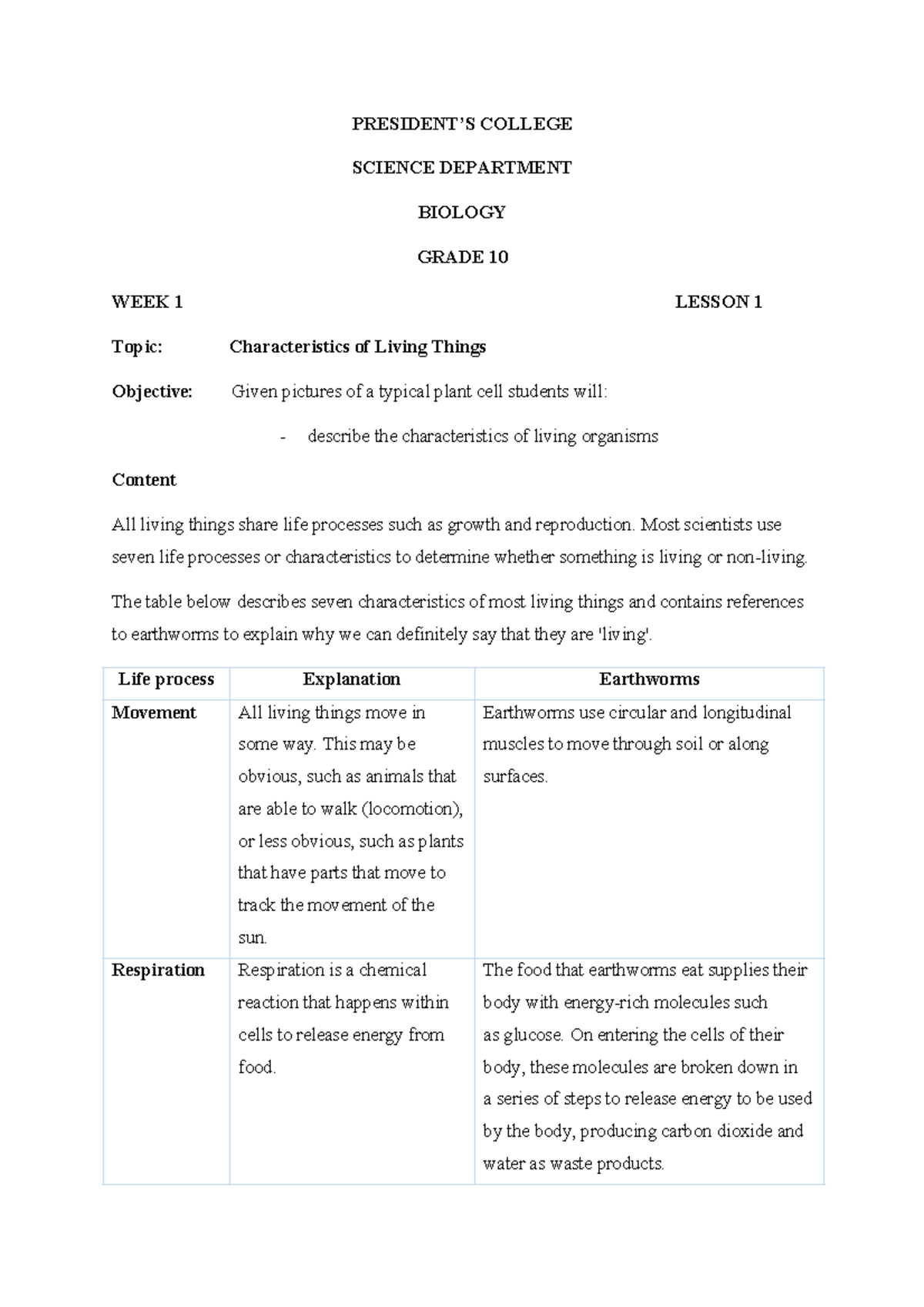 BIO 10 WK1L1: Characteristics of Living Things Overview - Studocu