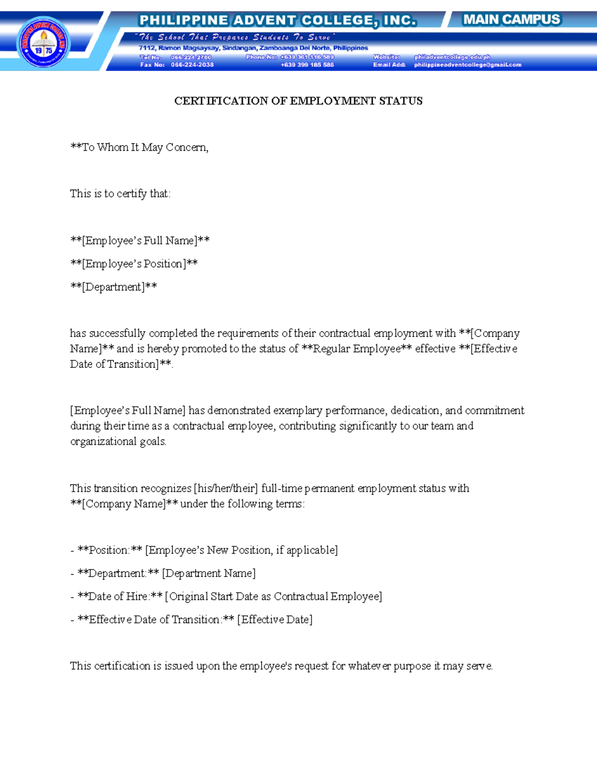 Certification OF Employment Status - CERTIFICATION OF EMPLOYMENT STATUS ...