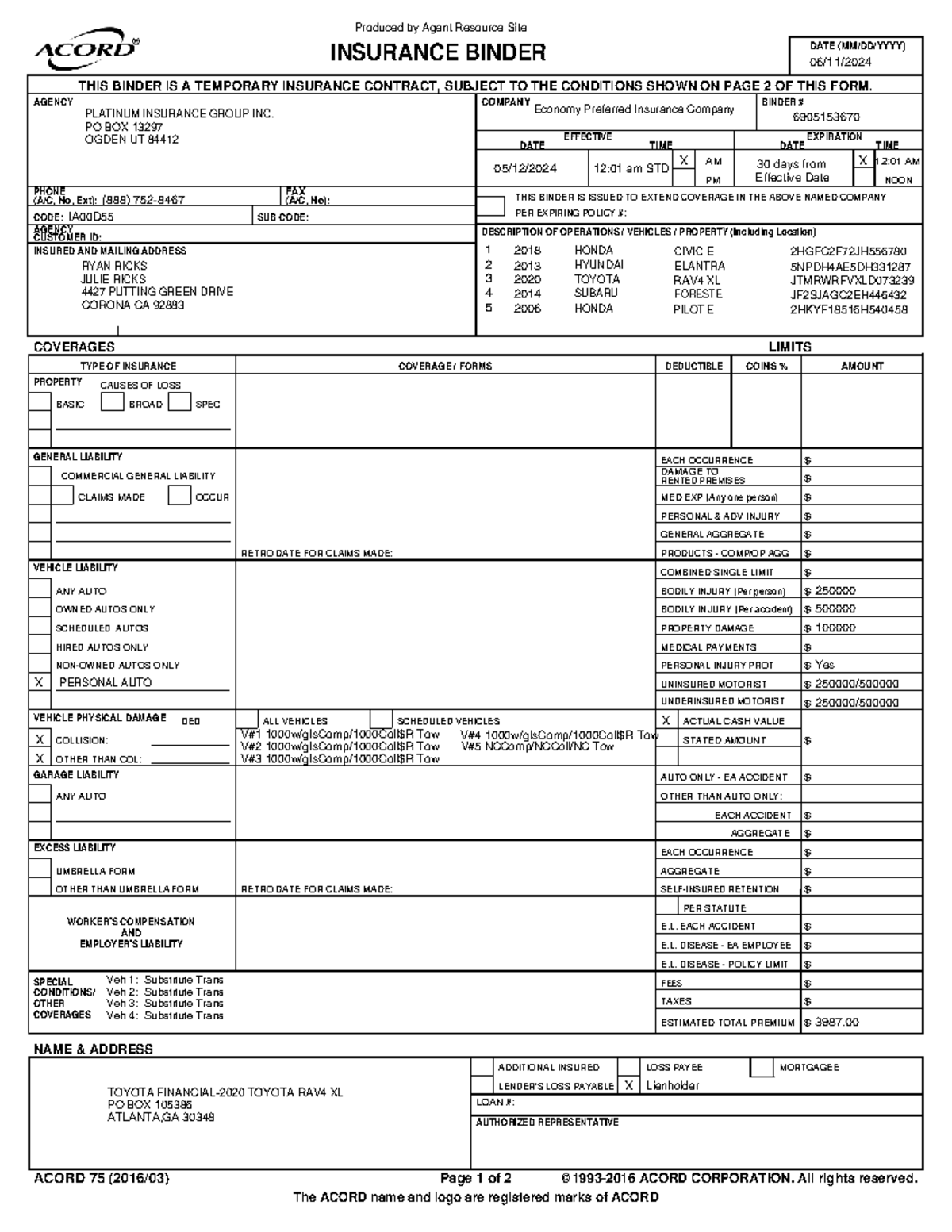 Insurance Binder for Economy Preferred Insurance Co. - IA00D55 - Studocu