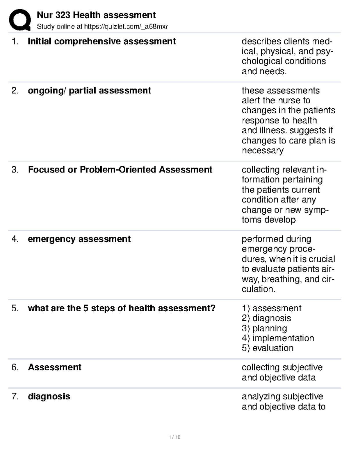 Nur 323 Health assessment - Study online at quizlet/_a68mxr Initial ...