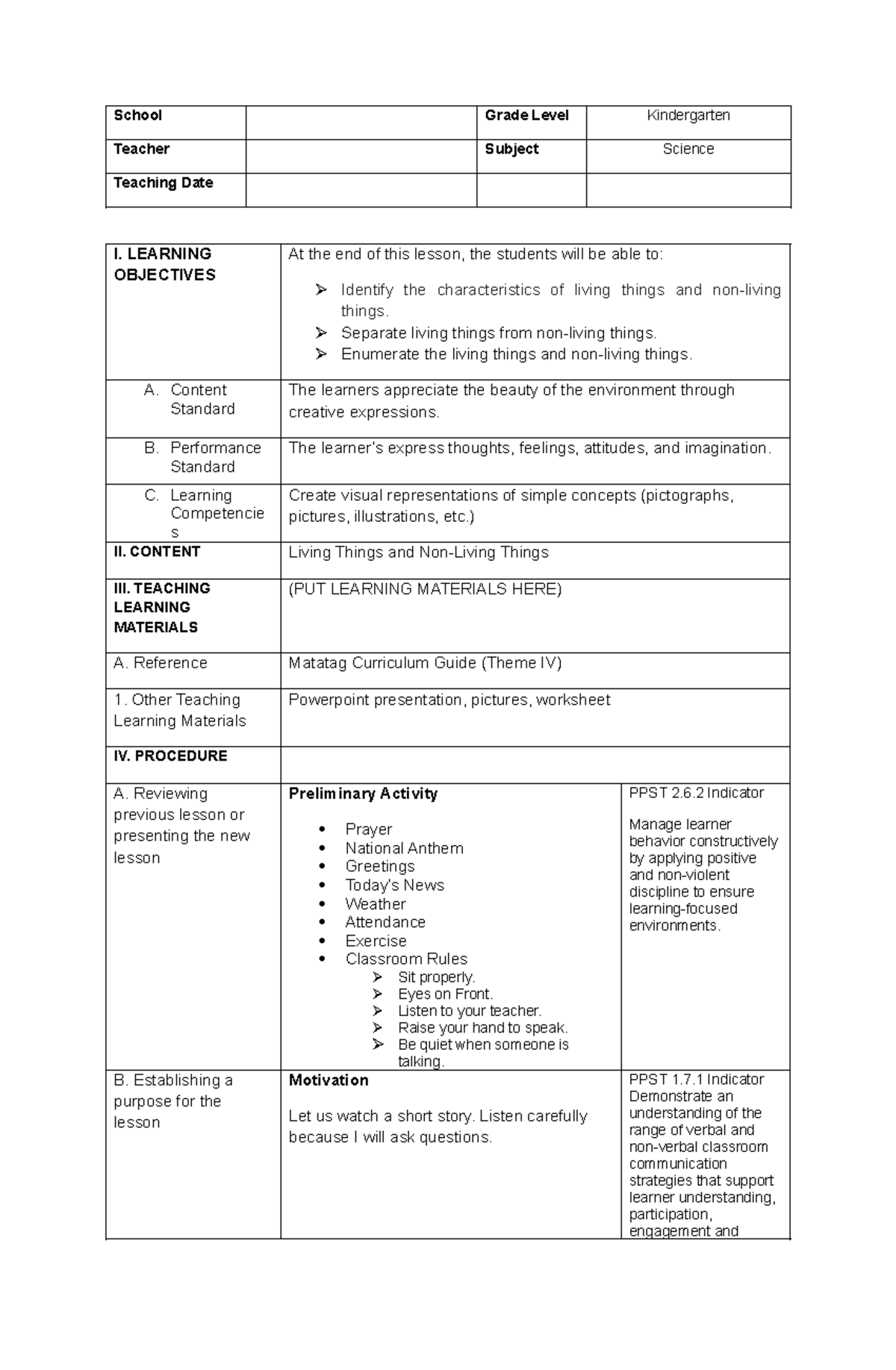 Lesson Plan for Science 1 - Exploring Living and Non-Living Things ...