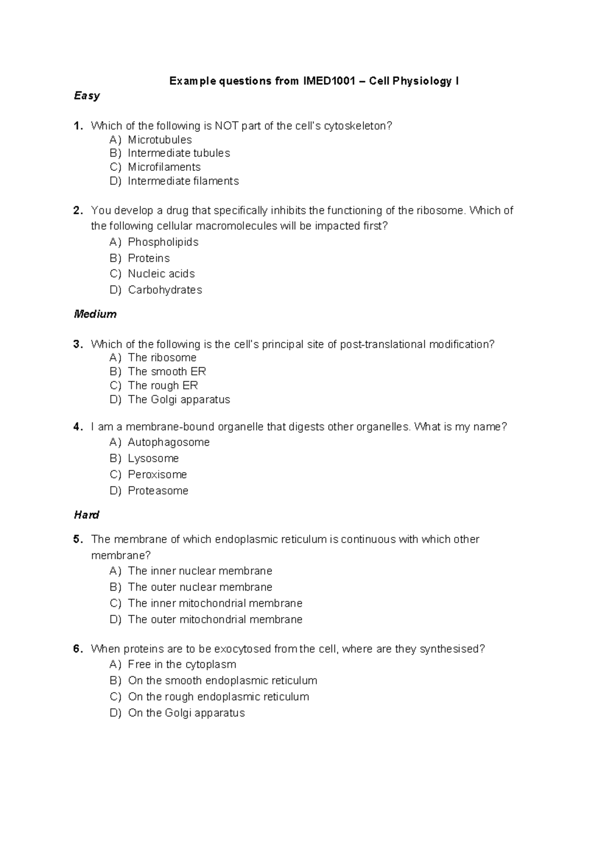 Formative MCQs for IMED1001: Cell Physiology I - Studocu