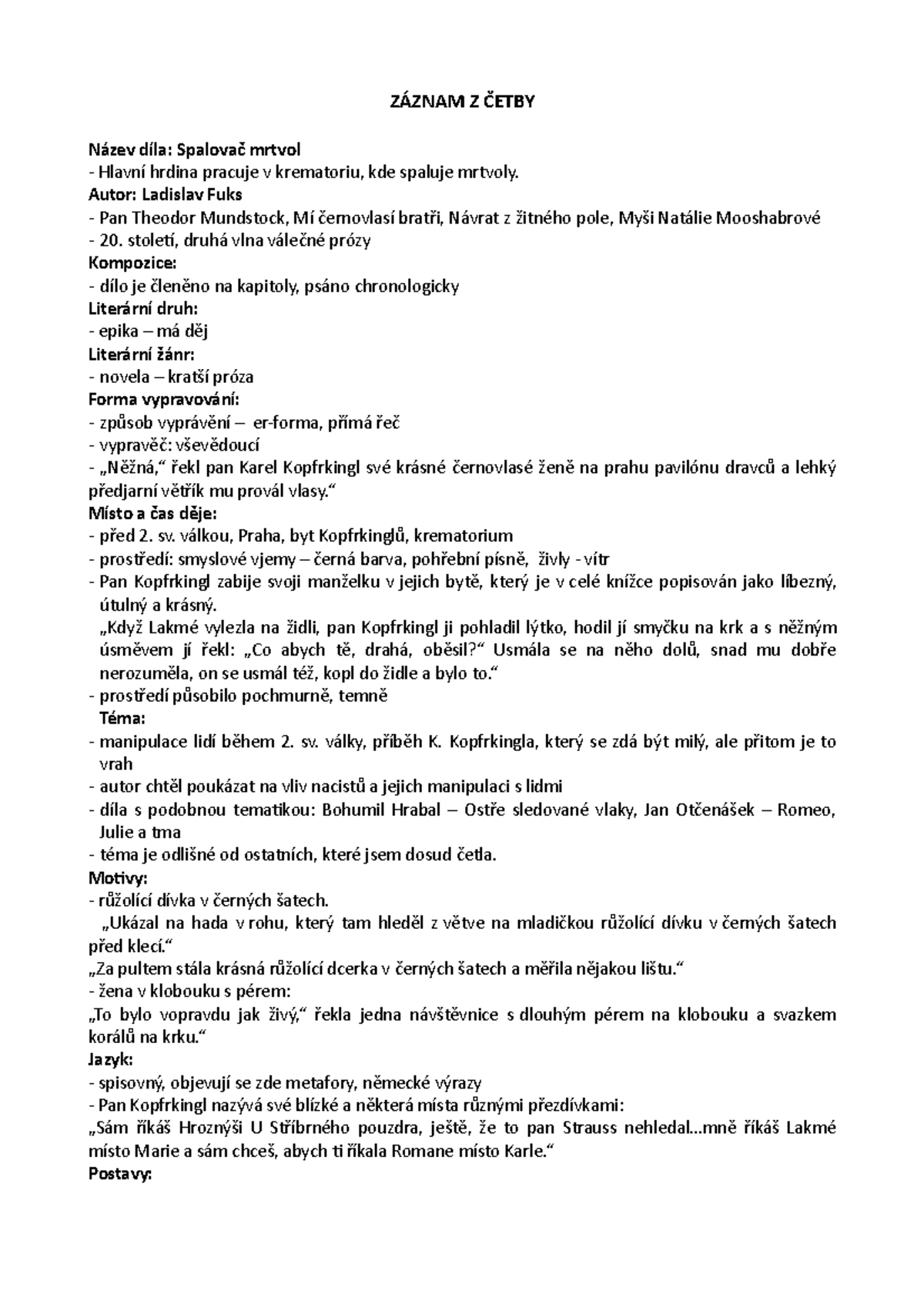 Spalovač mrtvol - záznam z četby k maturitě - ZÁZNAM Z ČETBY Název díla ...