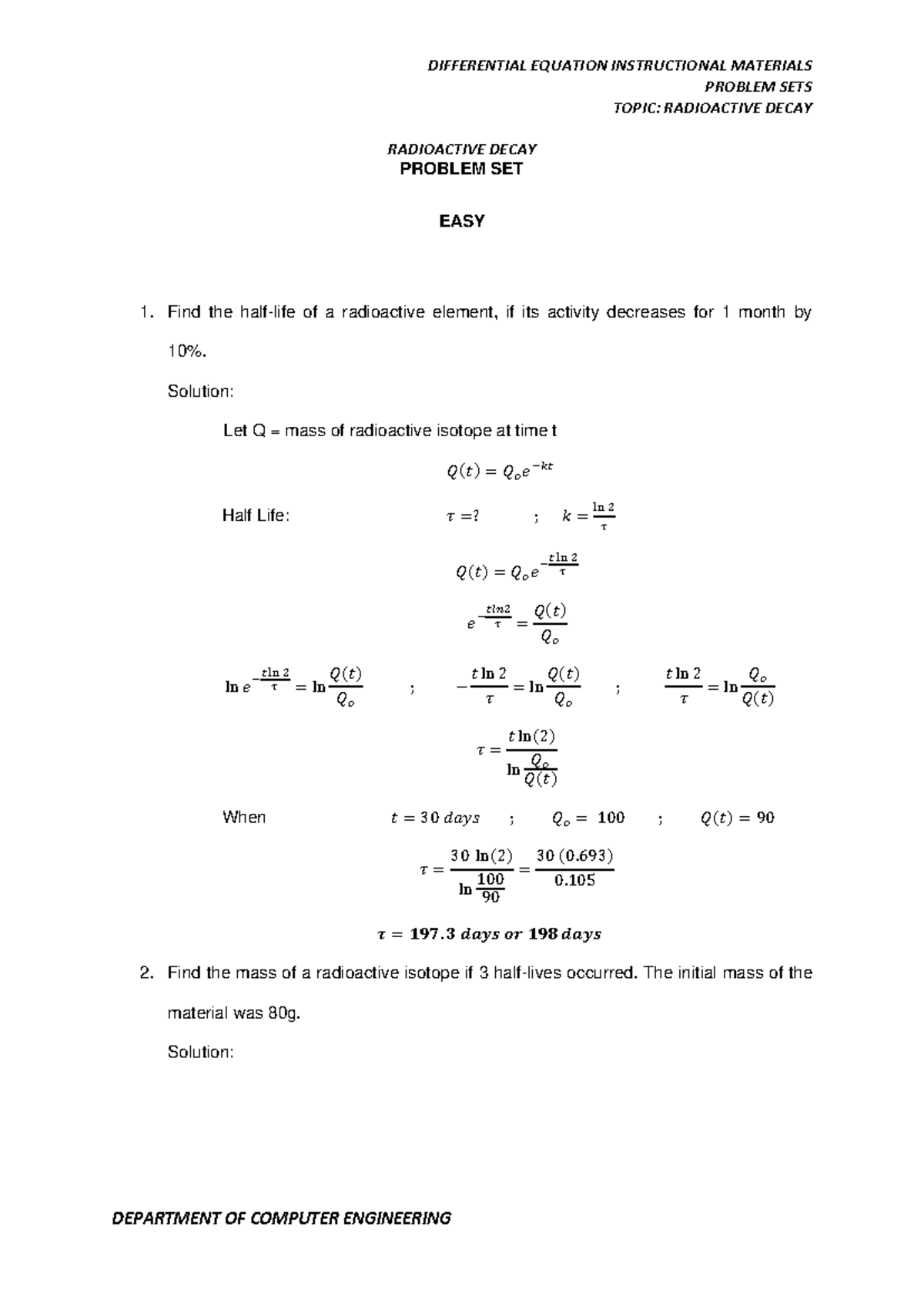 Differential Equations (MATH101) - Radioactive Decay Problem Set - Studocu