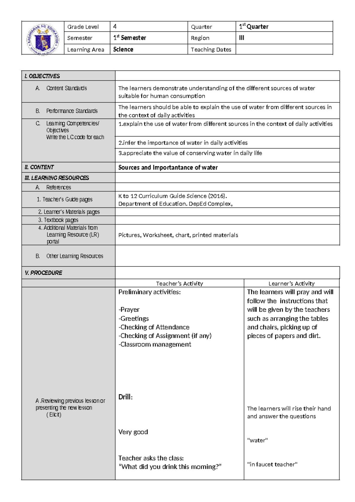 Grade 4 Science Lesson Plan: Understanding Water Sources and Importance ...