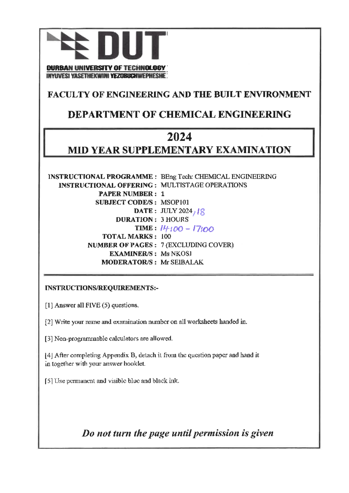 2024 MID YEAR SUPPLEMENTARY EXAMINATION: MSOP101 Multistage Operations ...