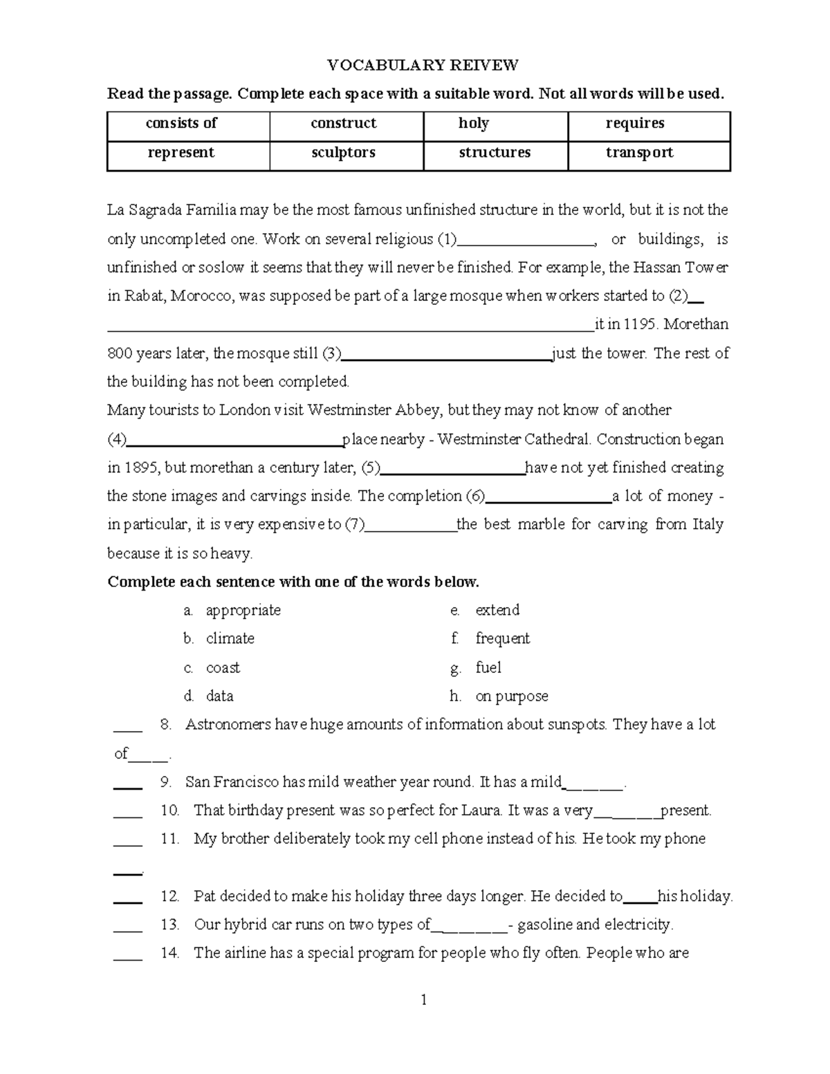 Vocabulary Review - Fill in the Blanks with Appropriate Words - Studocu