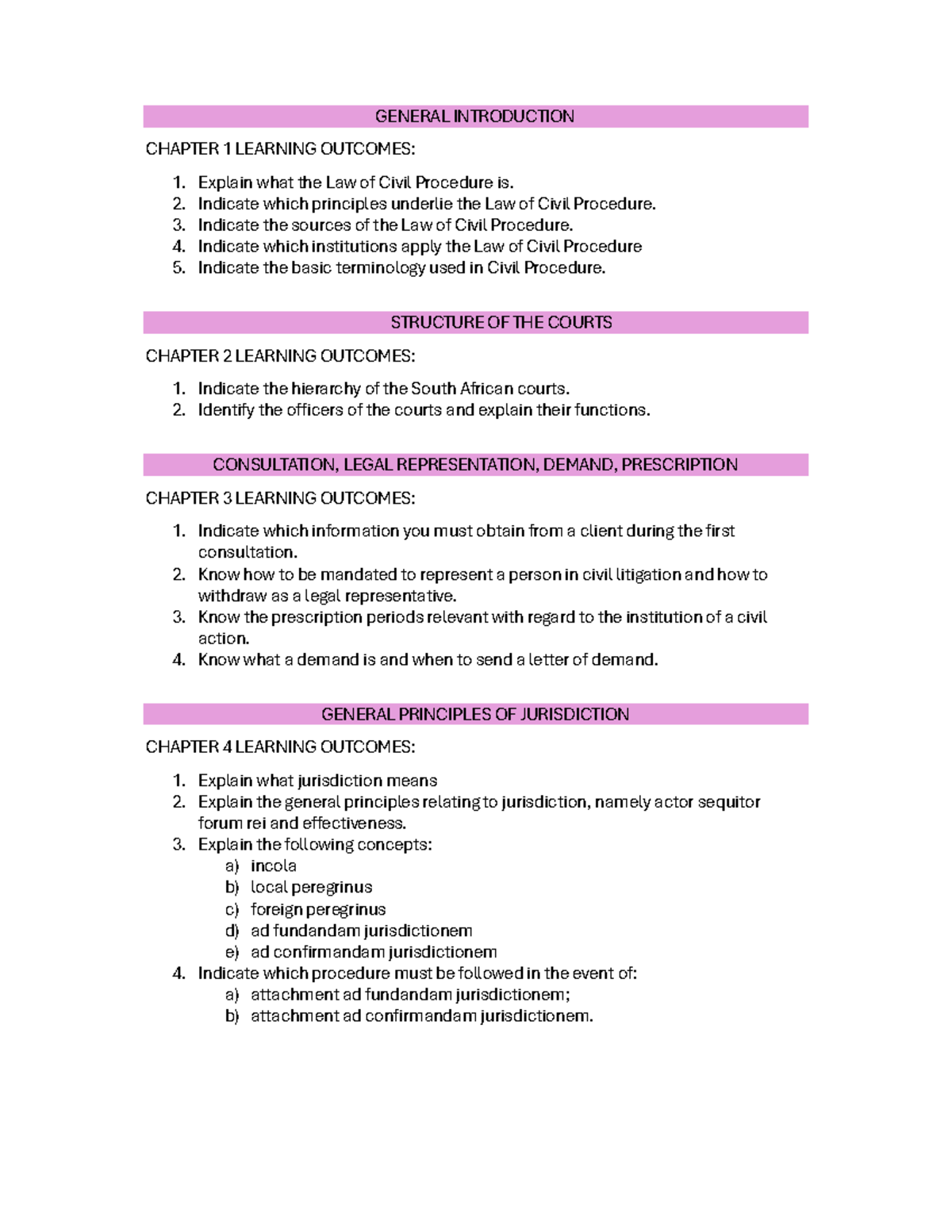 CIVIL PROCEDURE LAW STUDY OUTCOMES: CHAPTERS 1-9 OVERVIEW - Studocu