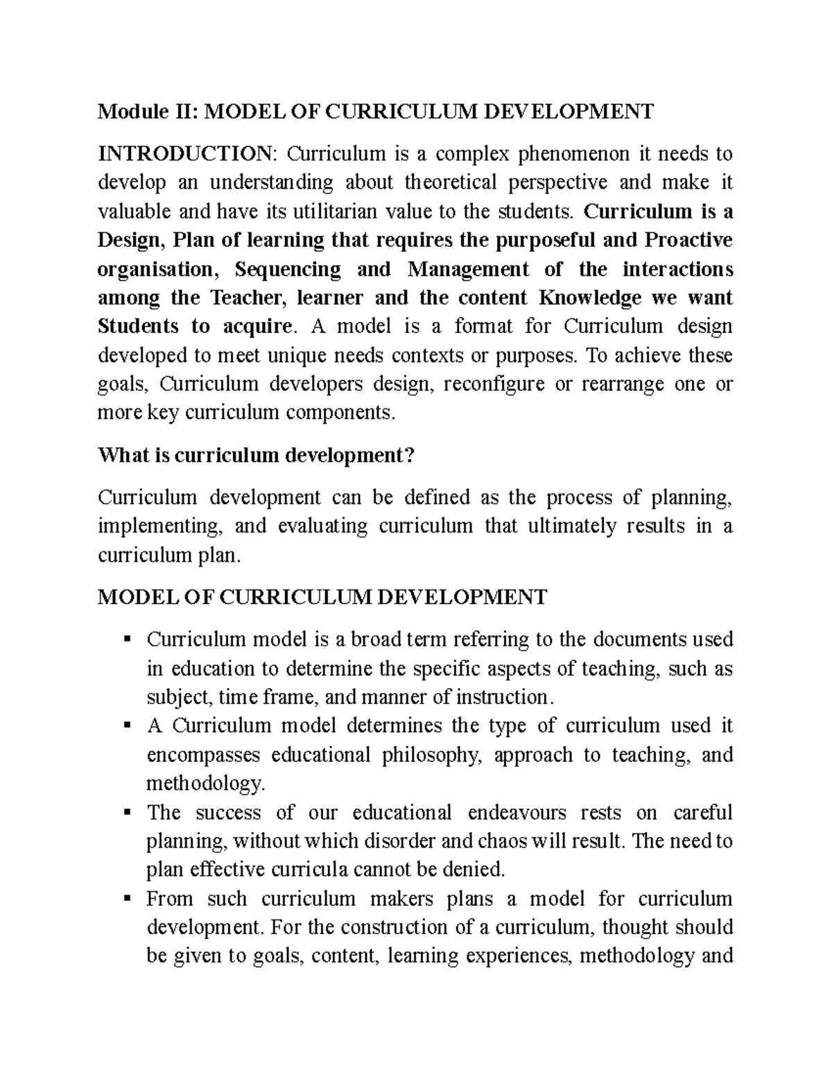 Curriculum Development Models - Lecture Notes (Module II) - Studocu