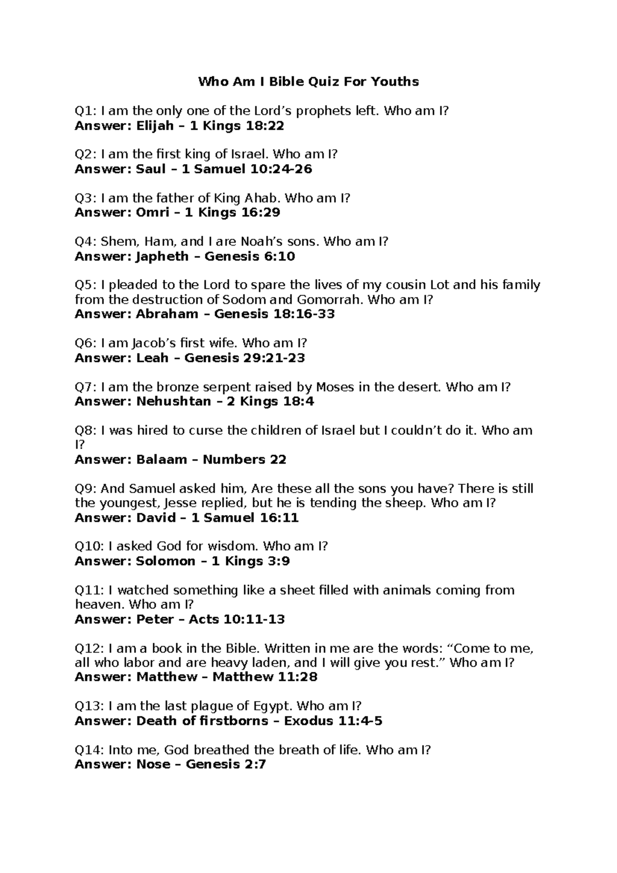 Who Am I Bible Quiz For Youths - Who am I? Answer: Elijah – 1 Kings 18 ...