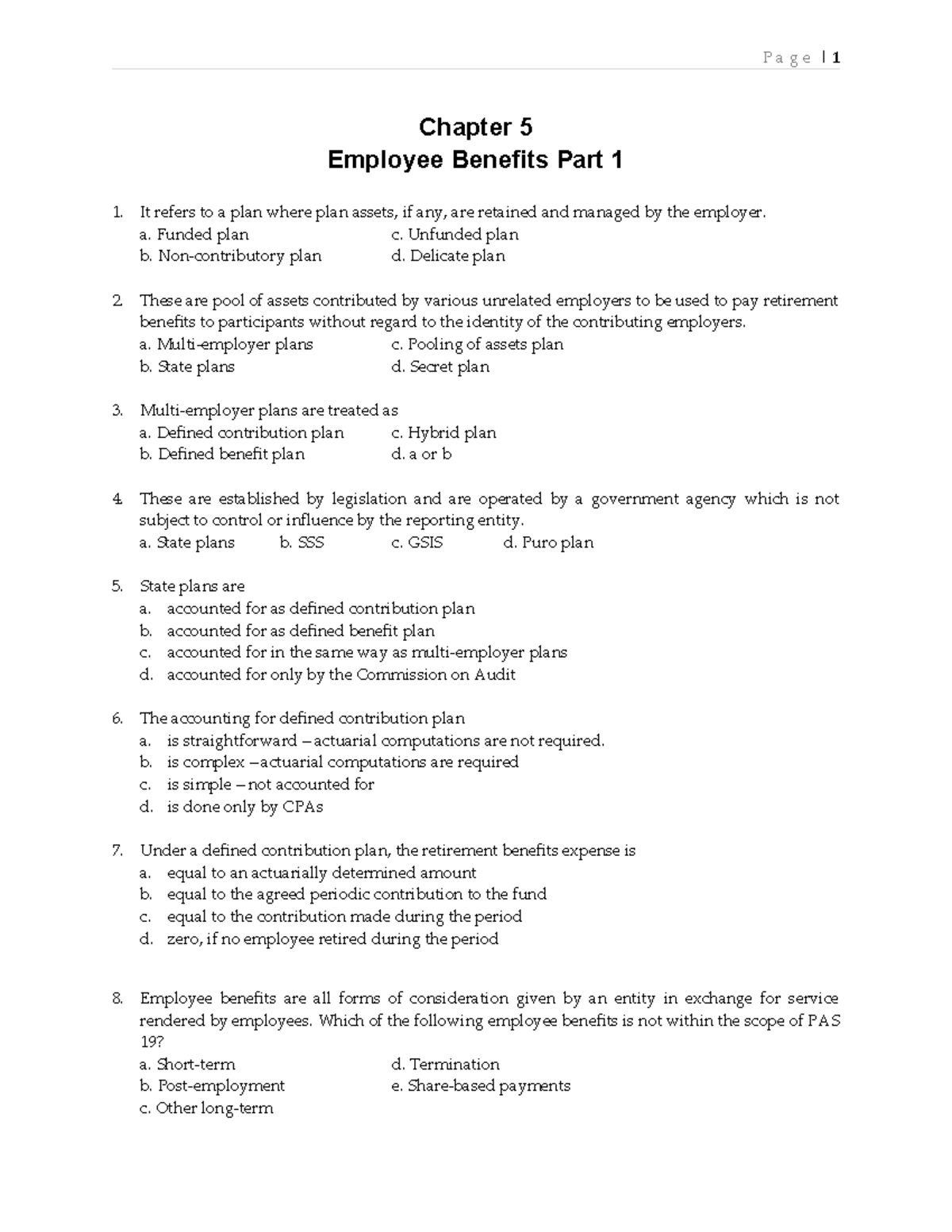 Chapter 5 Employee Benefits Part 1 - Quiz Review and Insights - Studocu