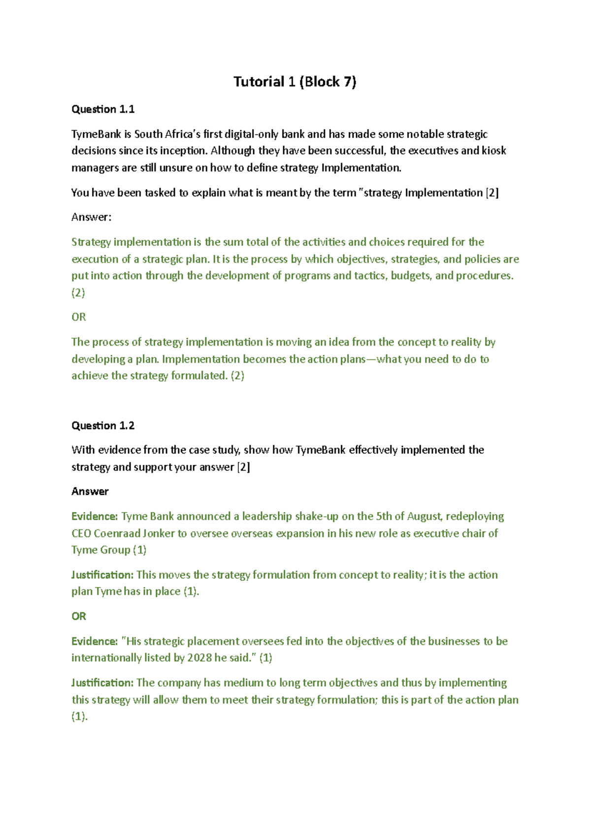 Tutorial 1-6: Practice Questions and Answers on Strategy Implementation ...
