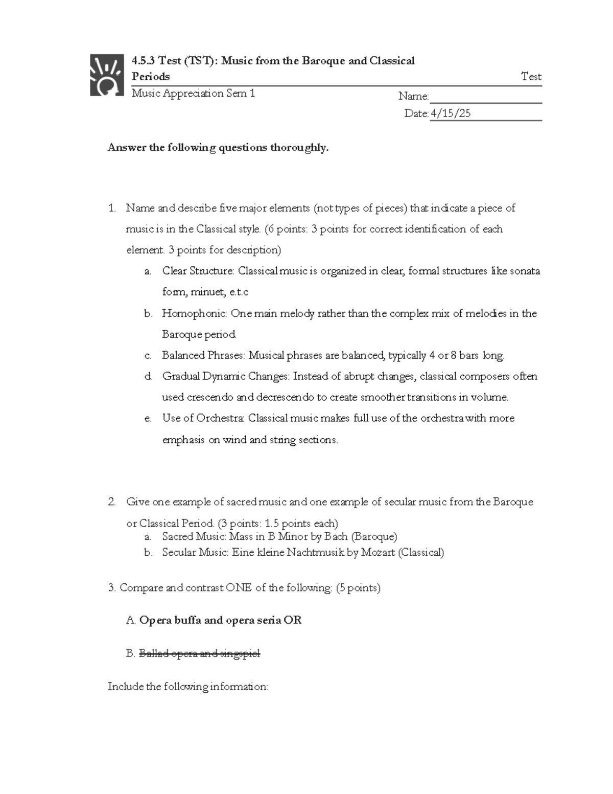 4.5.3 Test (TST): Elements of Baroque & Classical Music - Studocu