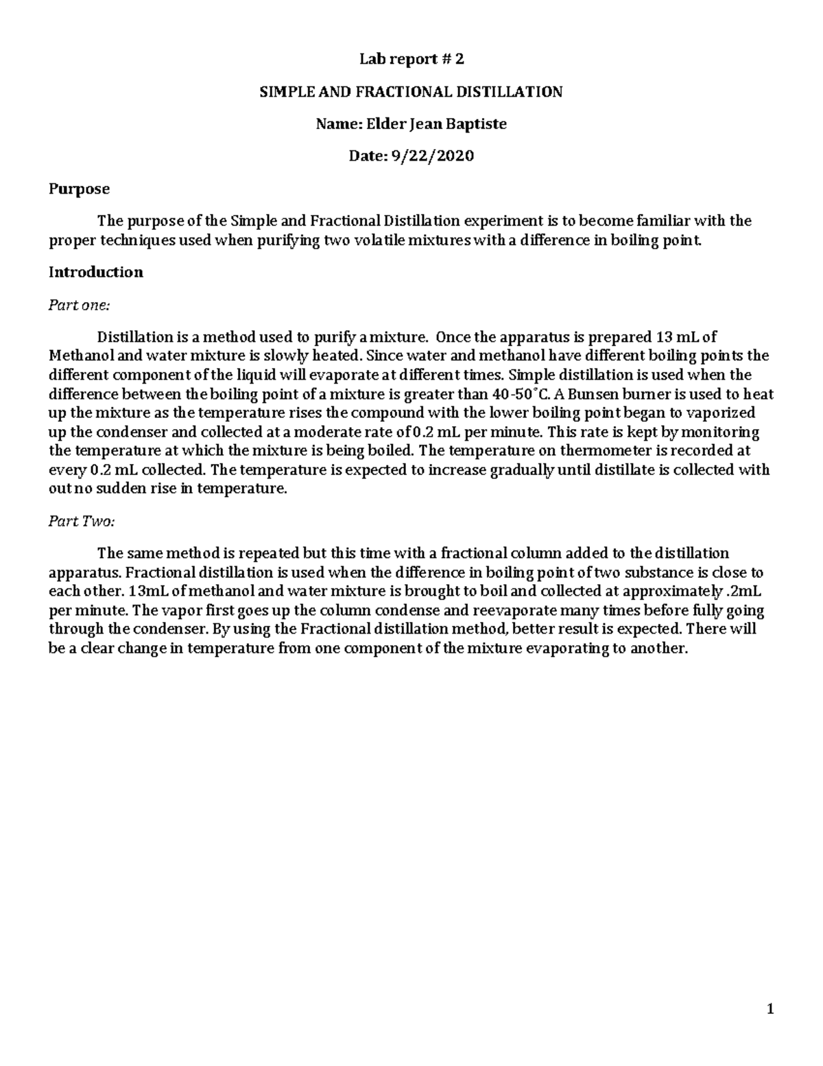 Distillation Lab report - Lab report # 2 SIMPLE AND FRACTIONAL ...