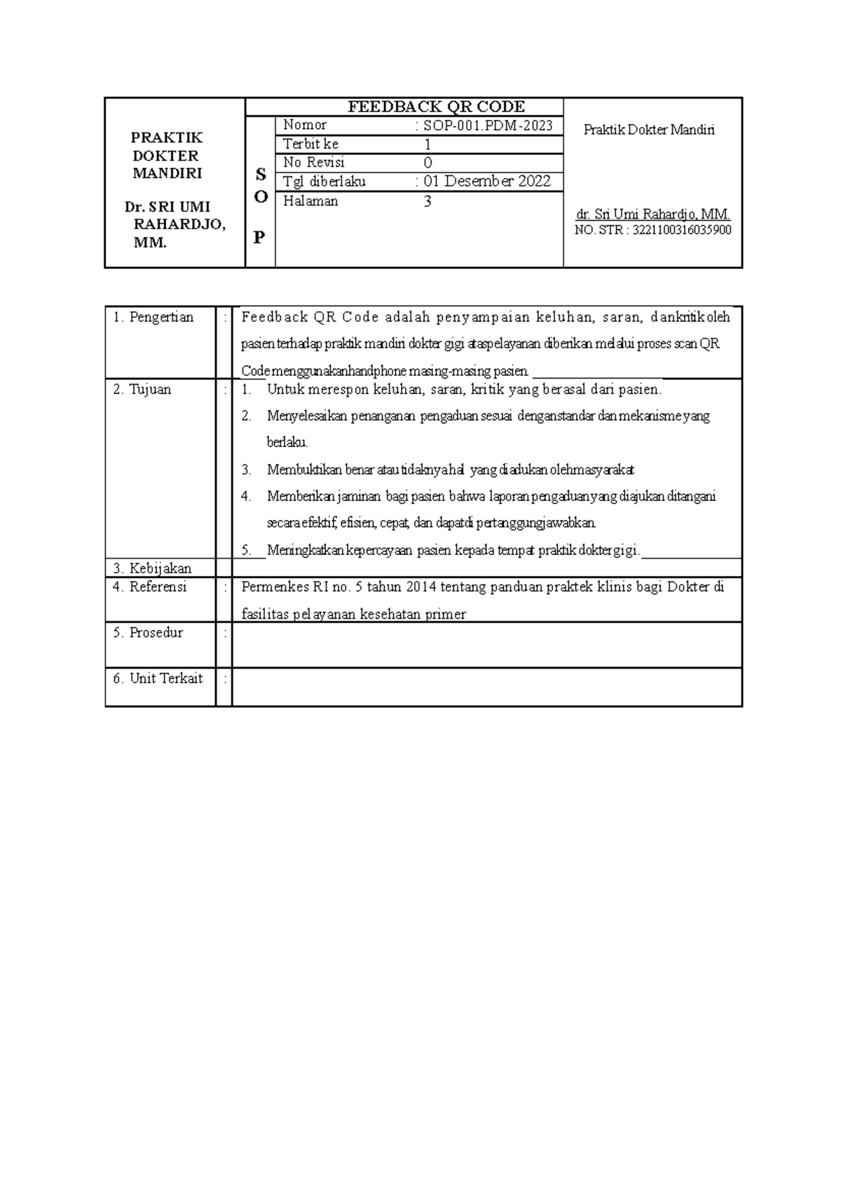 SOP-001.PDM-2023: Feedback QR Code for Praktik Dokter Mandiri - Studocu