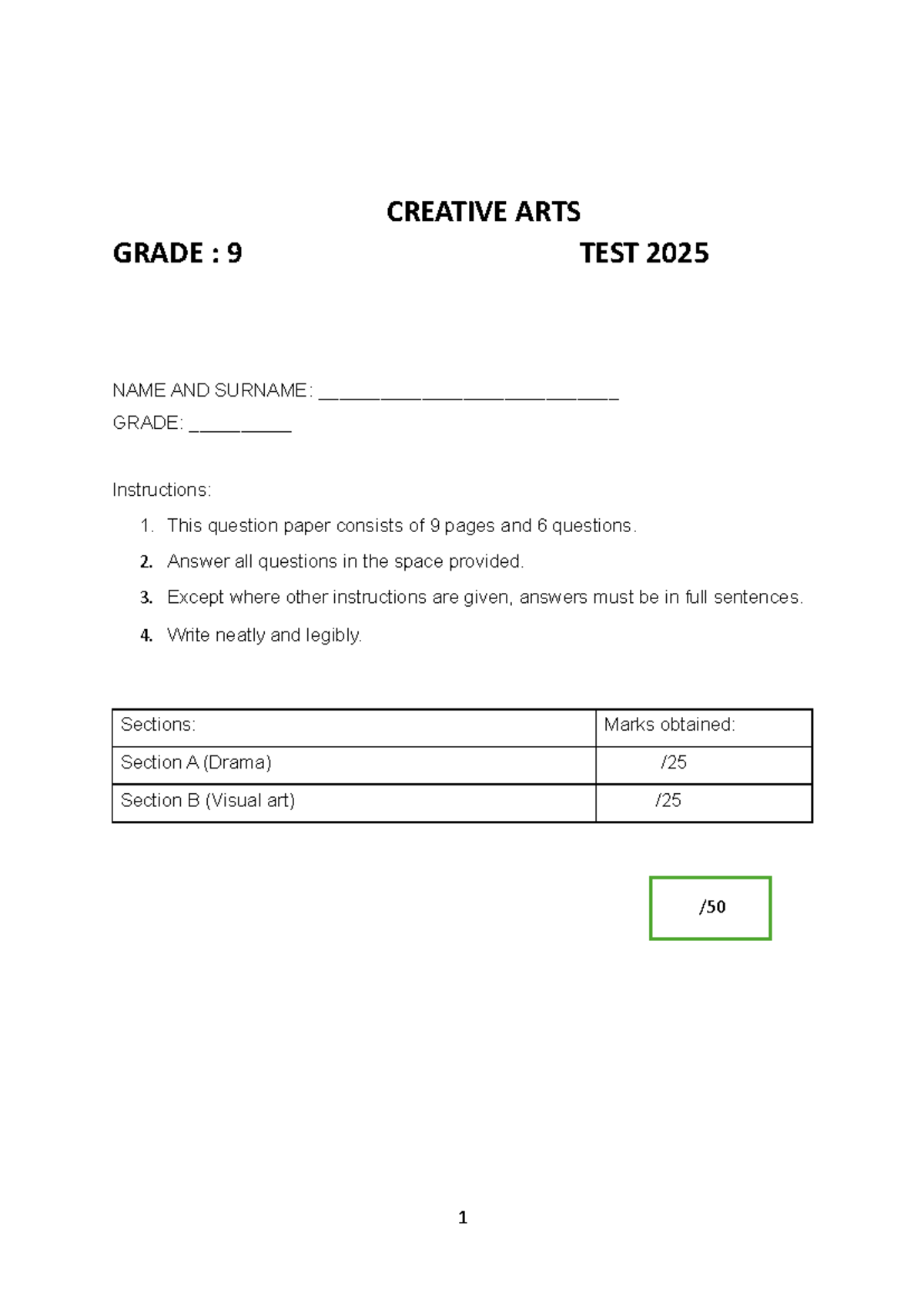 Drama GRADE 9 Creative Arts Test 2025 - Test Structure and Questions ...