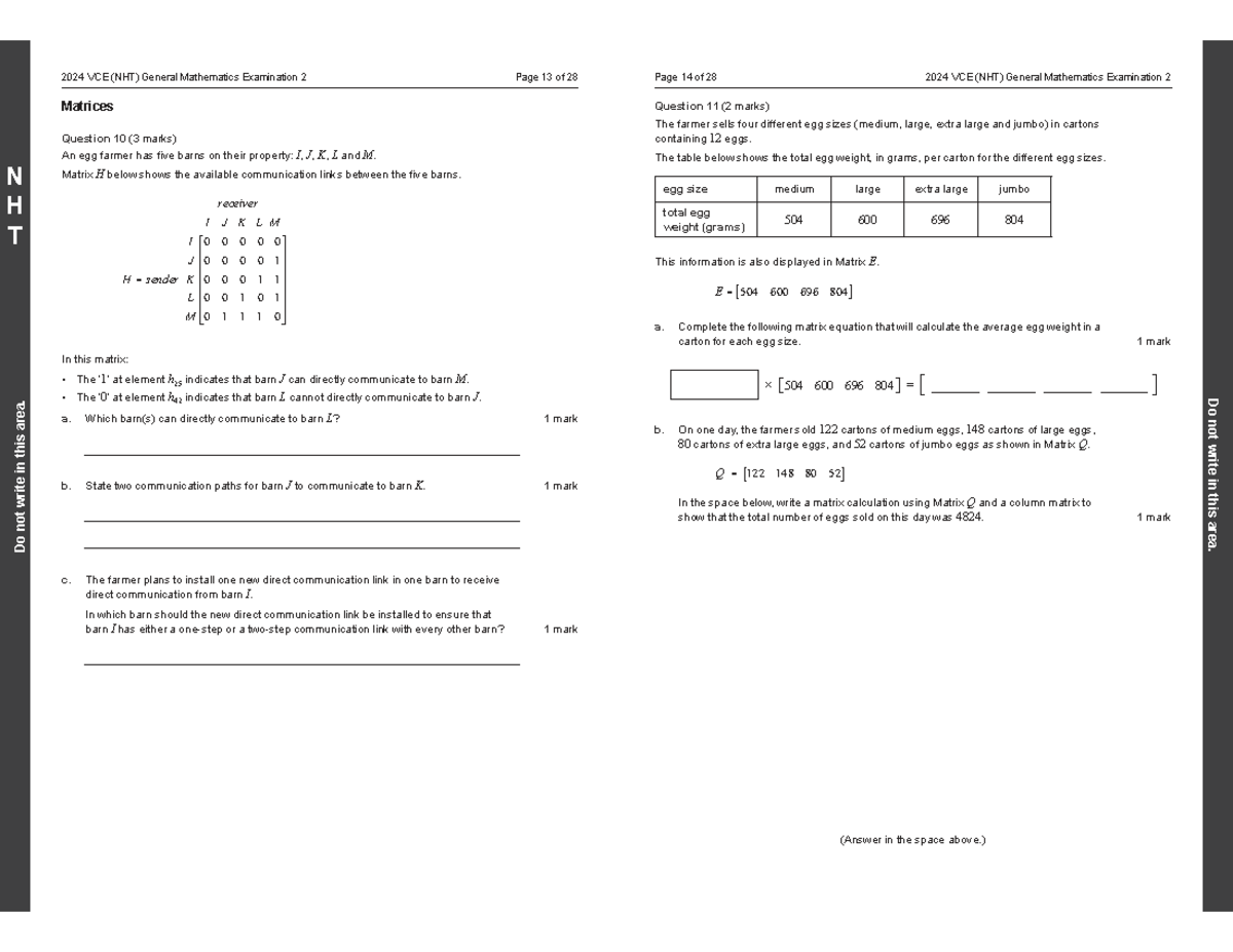 2024 VCE (NHT) General Mathematics Exam: Matrices & Egg Sales Analysis - Studocu