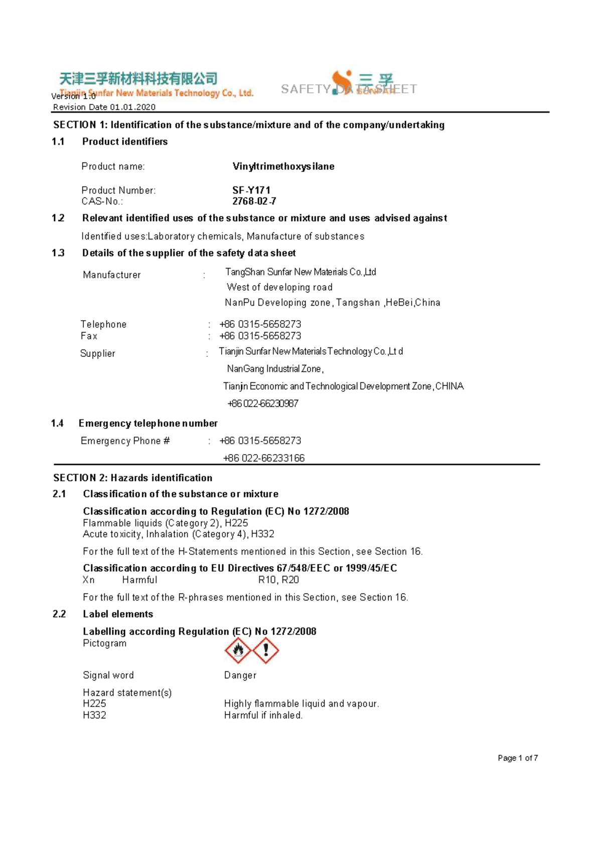 SDS SF-Y171: Vinyltrimethoxysilane Safety Data Sheet Overview - Studocu