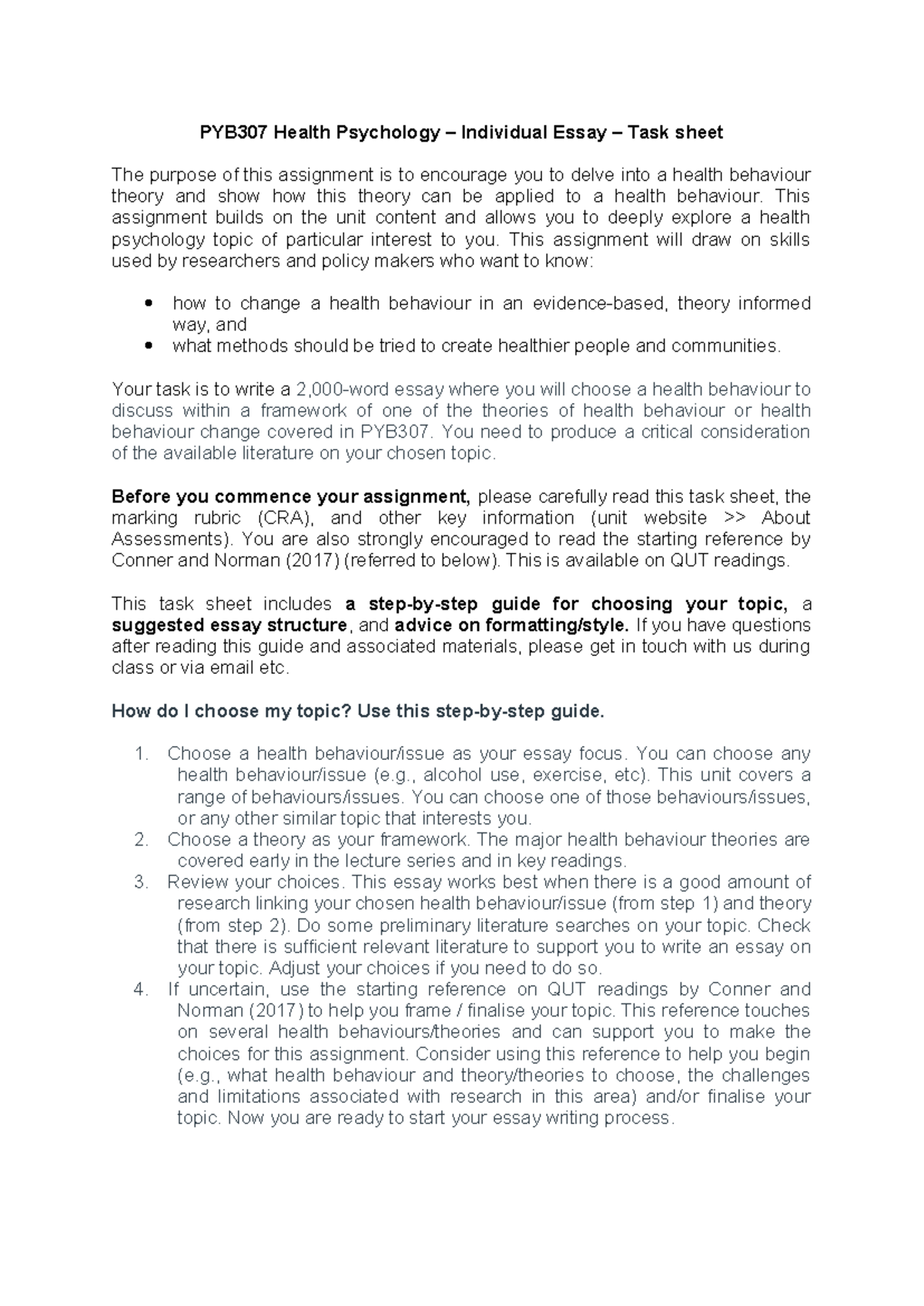 PYB307 Health Psychology Individual Essay Task Sheet Guide - Studocu