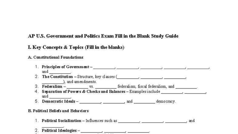 AP U.S. Government & Politics Exam Fill-in-the-Blank Study Guide - Studocu