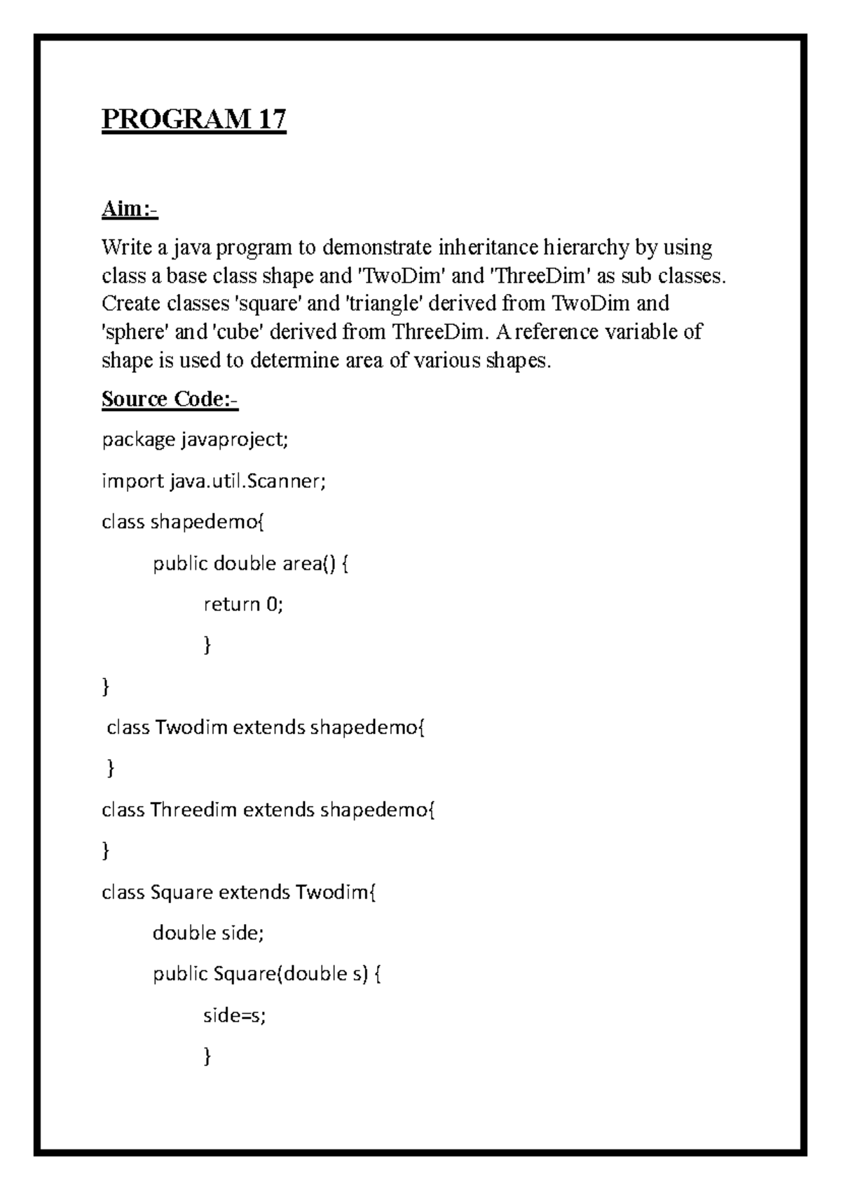 Javaprgm 17 - Java program codes - PROGRAM 17 Aim:- Write a java ...