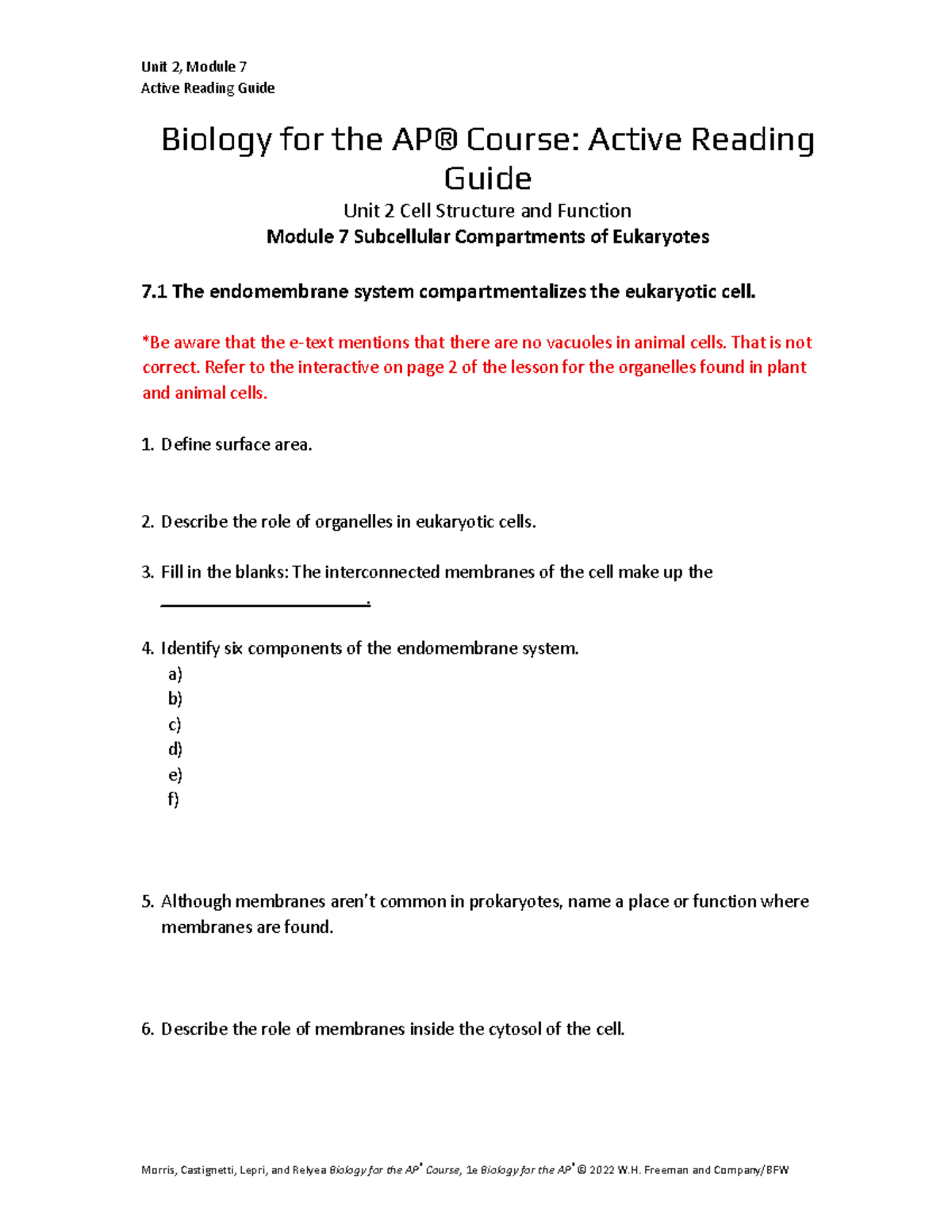 Unit 2 Module 7 Active Reading Guide: Eukaryotic Cell Structure - Studocu