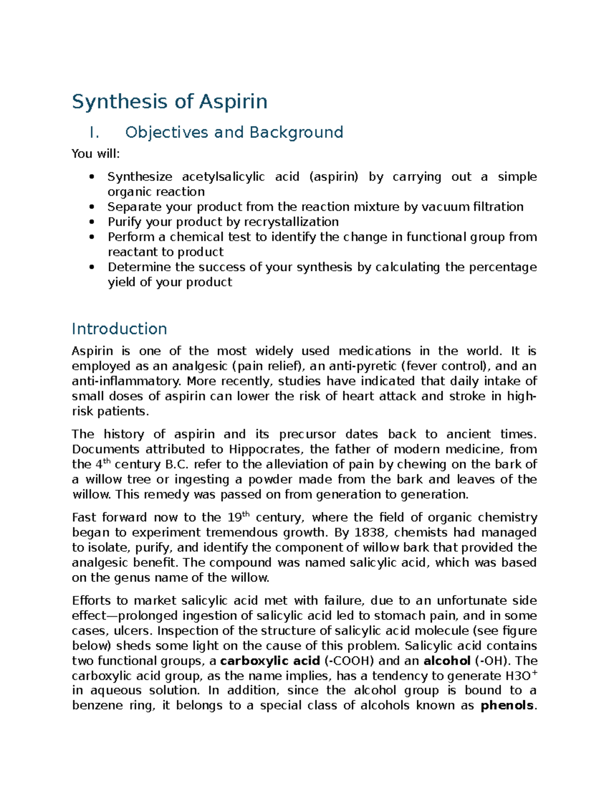 Experiment 29: Synthesis of Aspirin - Objectives & Procedure - Studocu