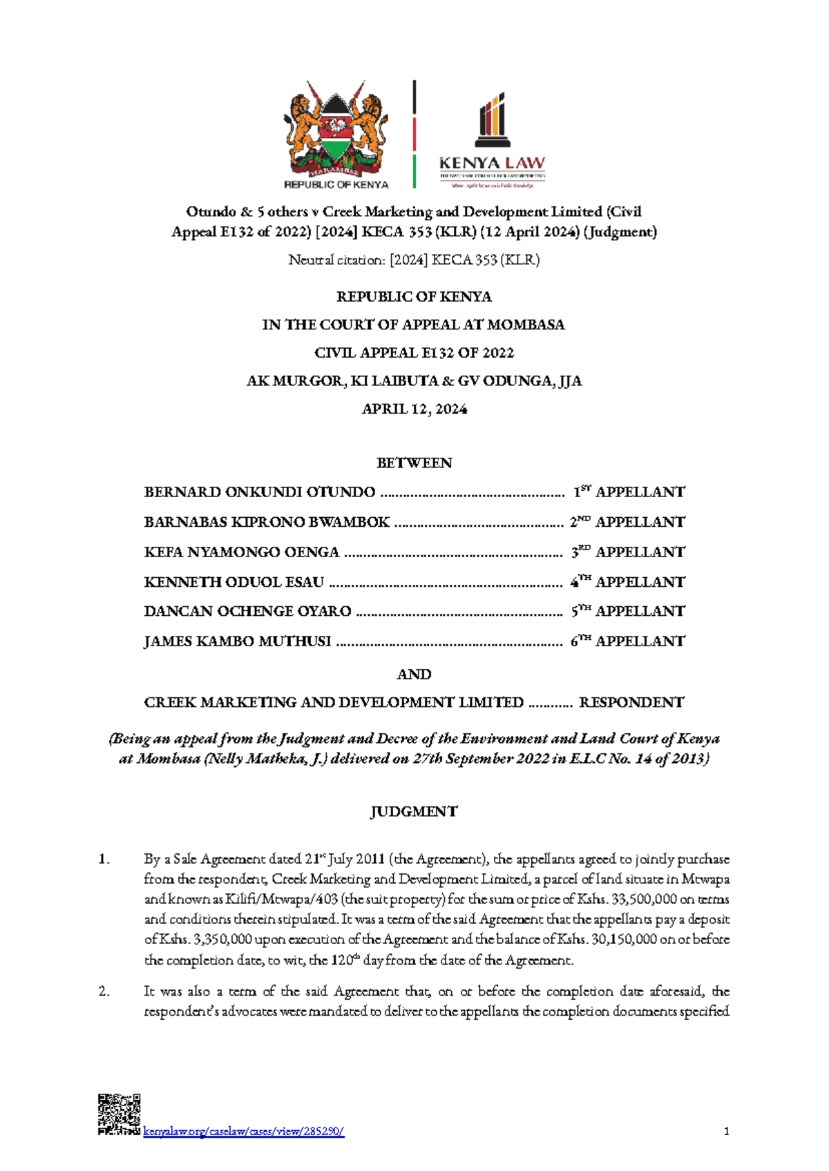 Otundo & Others v Creek Marketing Ltd (Civil Appeal E132/2022) KECA 353 ...