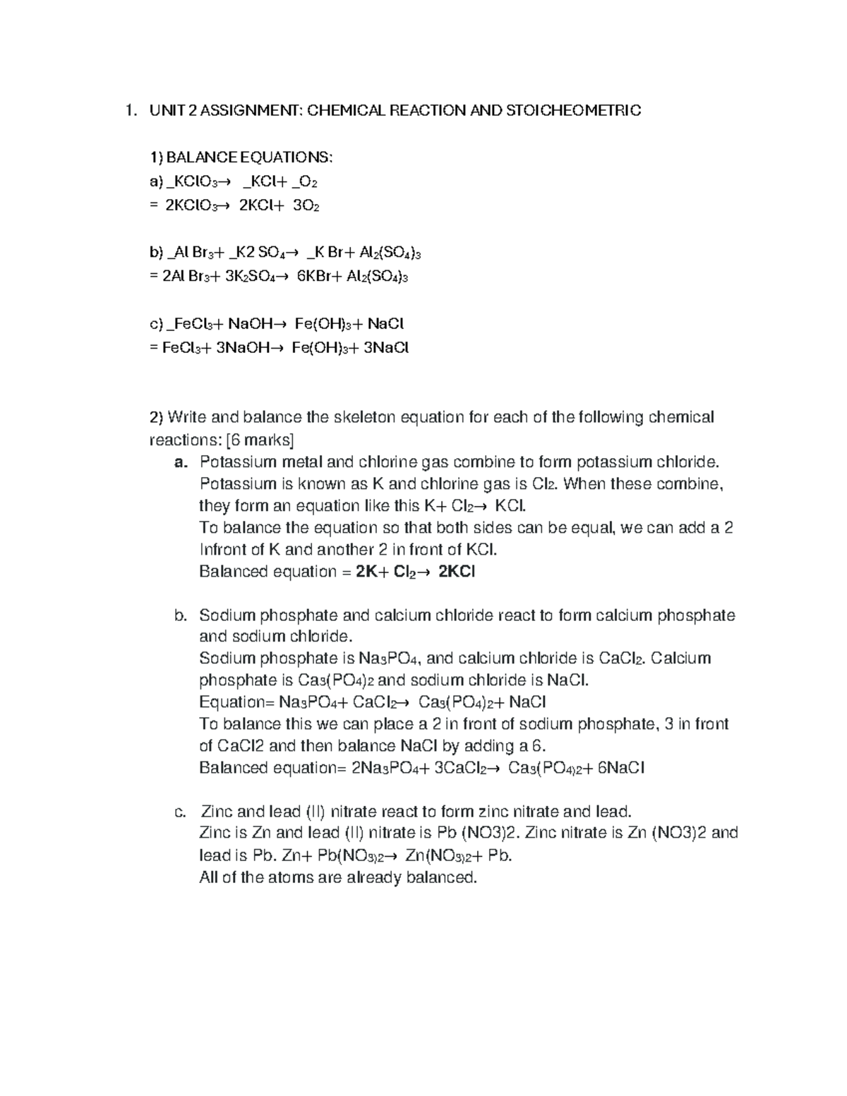 Unit 2: Chemical Reactions and Stoichiometry Assignment Notes - Studocu