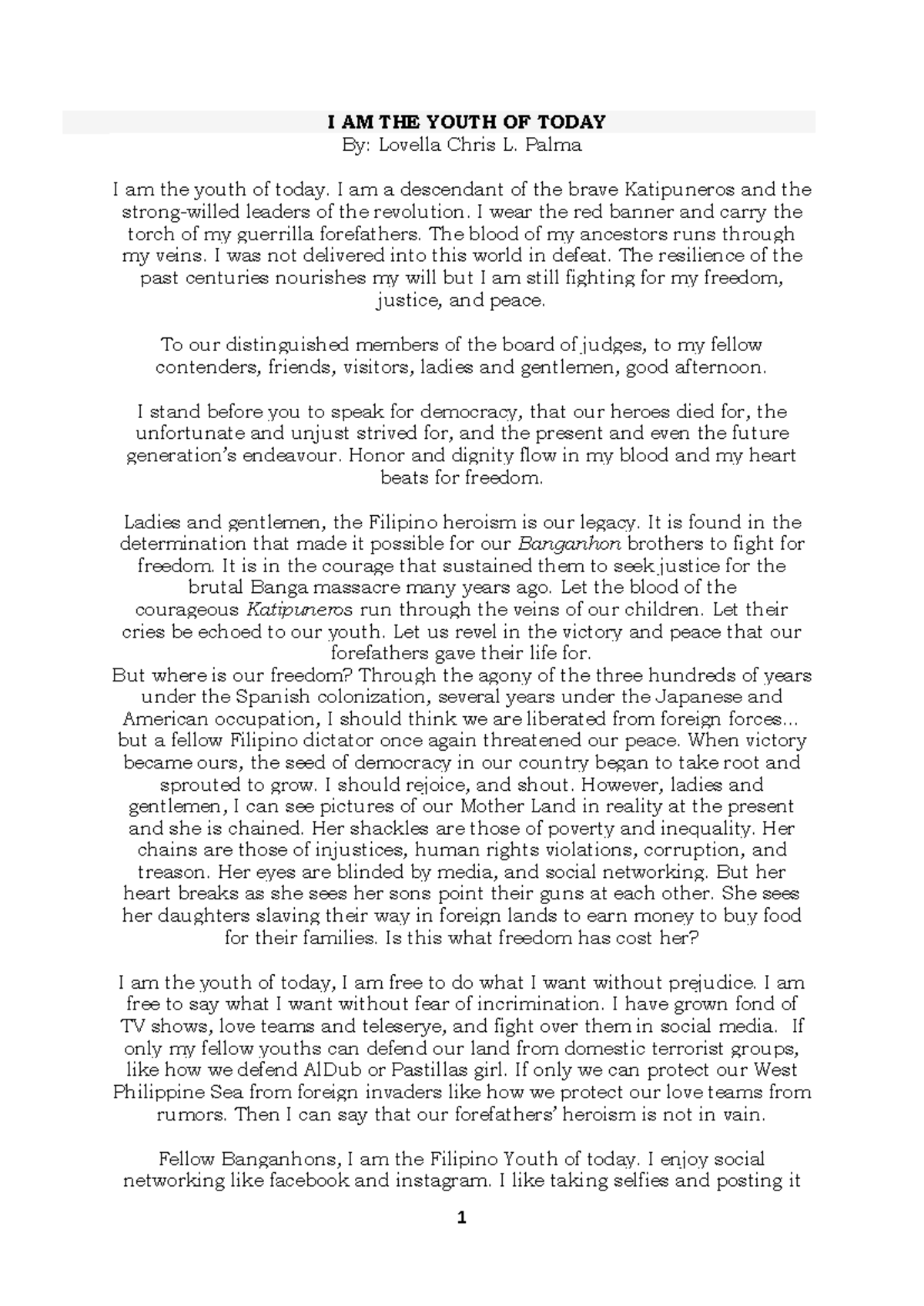 I AM THE YOUTH OF TODAY: A Powerful Oration by Lovella Chris L. - Studocu