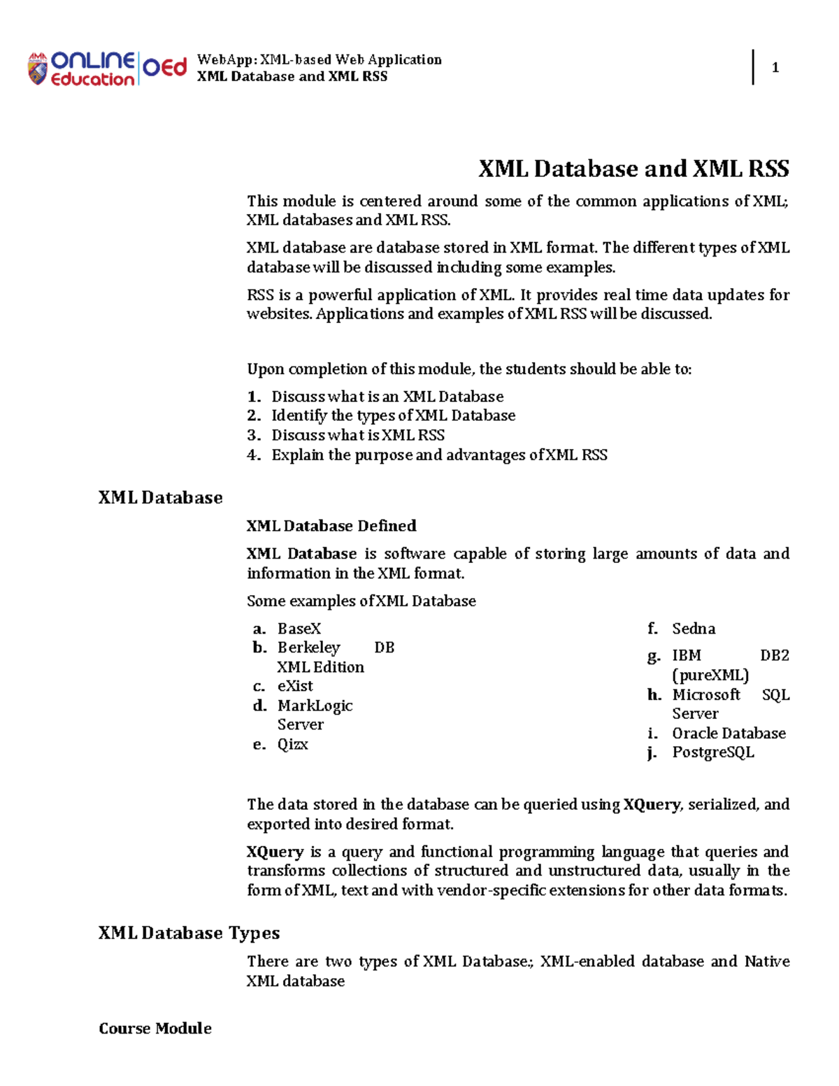 W12 Lesson 10 - XML Database and XML RSS - Module - WebApp: XML-based Web Application XML ...
