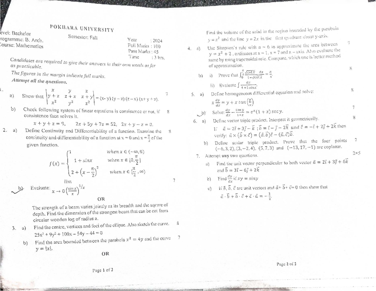Mathematics 7: B. Arch. Fall 2024 - Volume & Area Calculations - Studocu