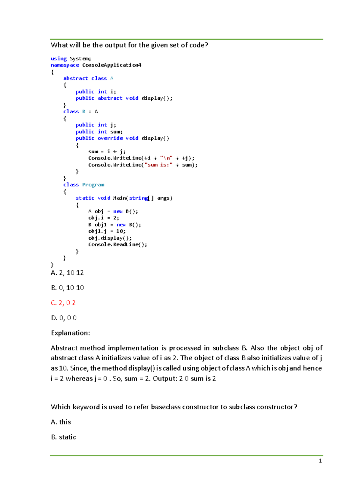 612712000 OOP Final Exam Study Guide: C# Concepts and Code Outputs ...