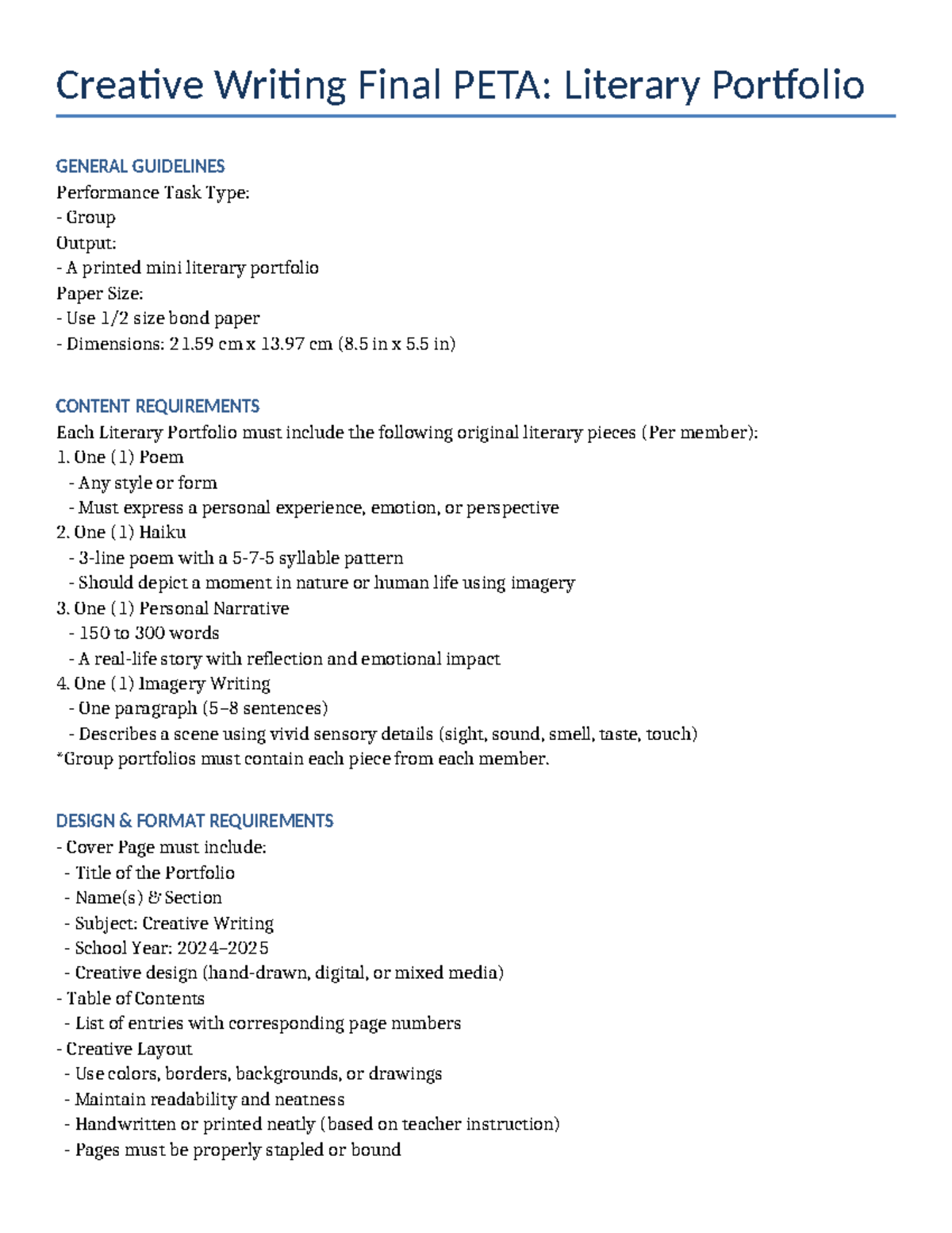 Creative Writing Final PETA: Literary Portfolio Guidelines - Studocu