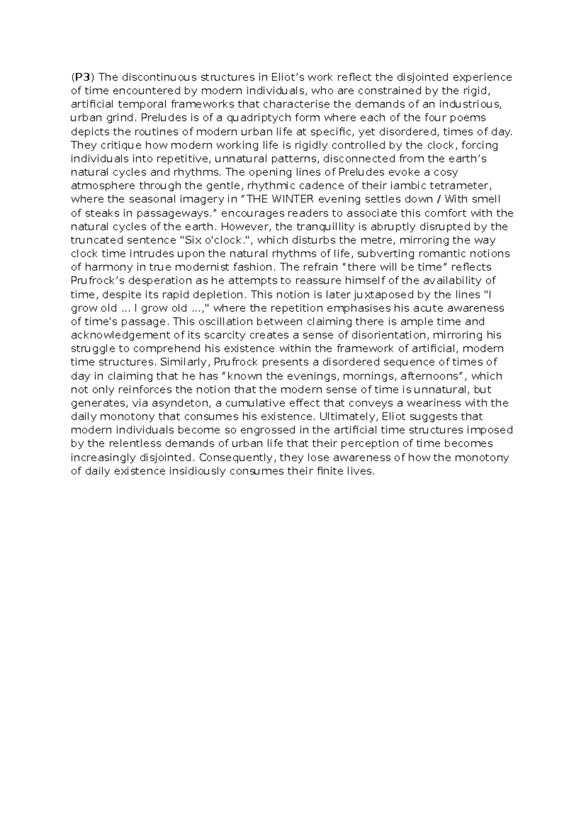 (P3) Analysis of Time and Modernity in TS Eliot's "Preludes" - Studocu