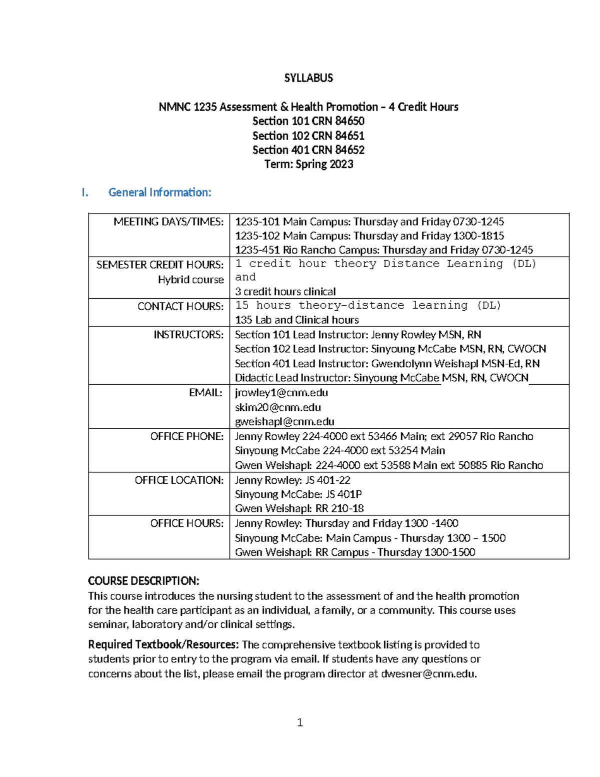 Syllabus for NMNC 1235: Assessment & Health Promotion (Spring 2023 ...