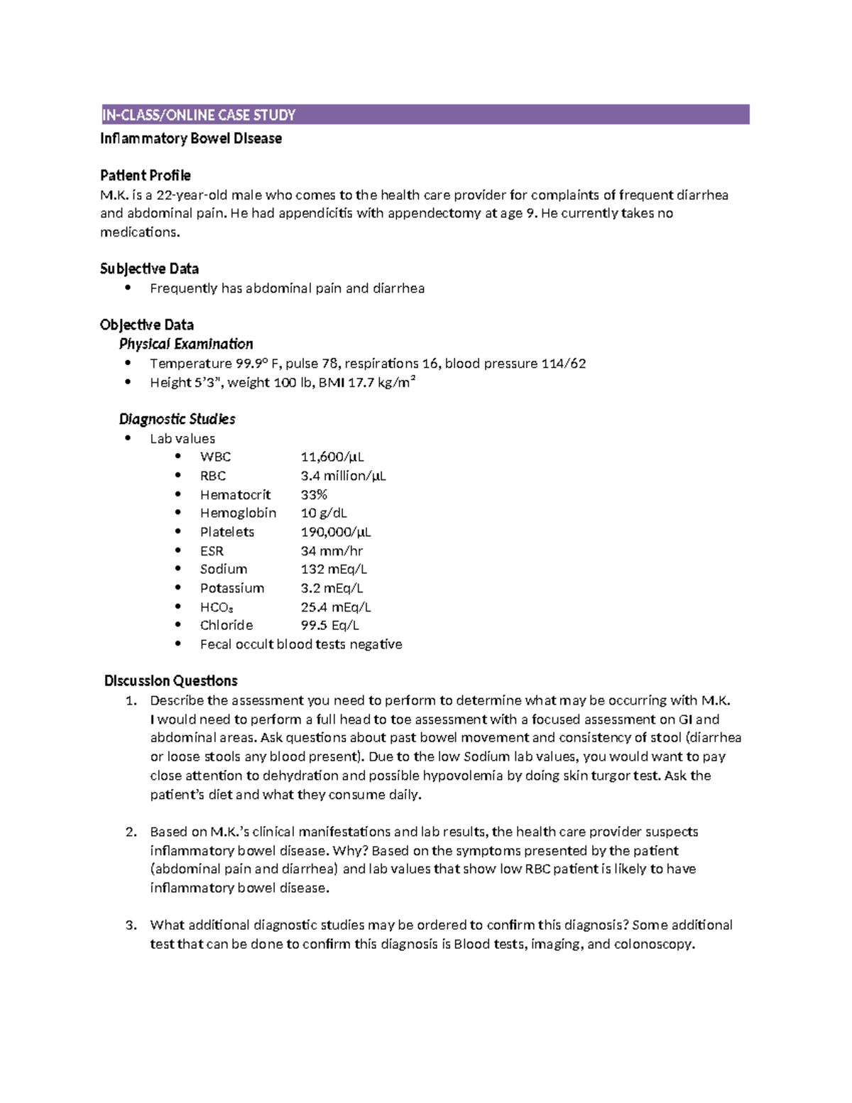 IBD+case+study - Summary Medical-Surgical Nursing II - IN-CLASS/ONLINE ...