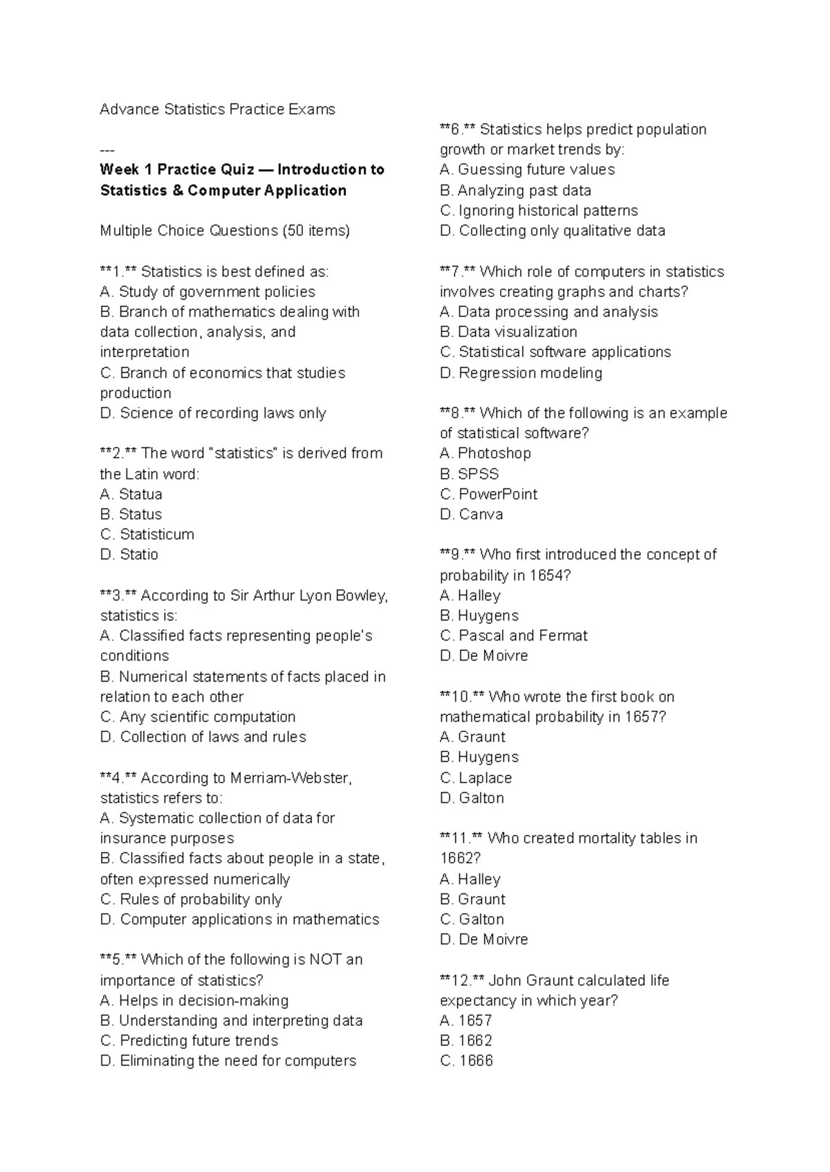 Advance Statistics Practice Quiz: Multiple Choice Questions (50 Items) - Studocu